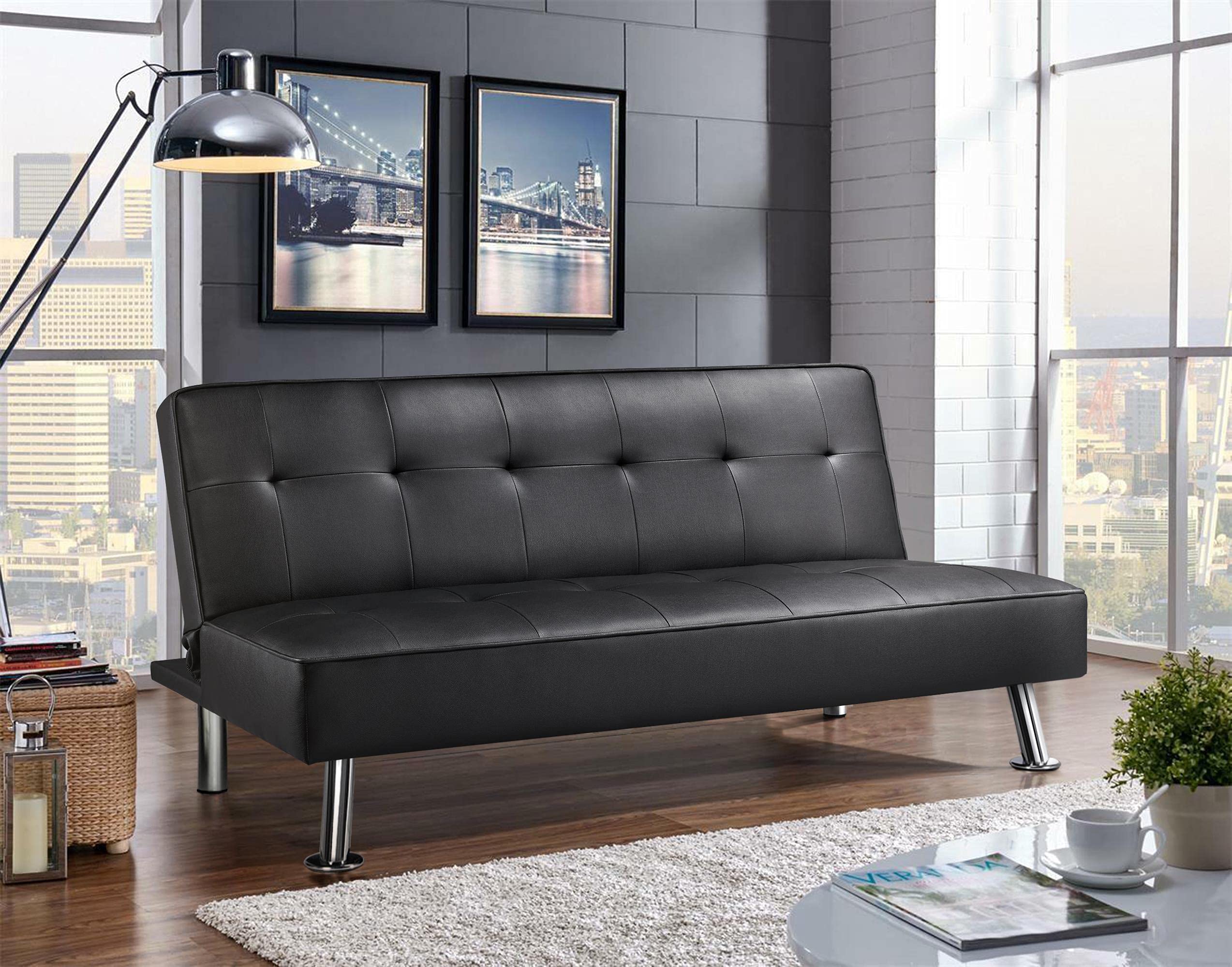 Topeakmart Tufted Faux Leather Sofa Couch Foldable Sofa Sleeper Bed Black Guest Couch Bed Converts to Recliner and Bed