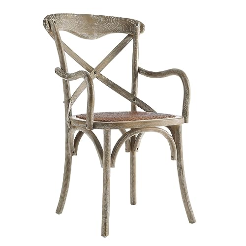 Modway Gear Rustic Modern Farmhouse Elm Wood Rattan Two Dining Armchairs in Gray