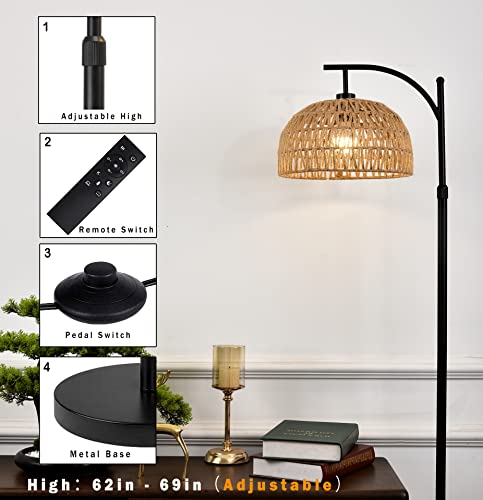 QIYIZM Floor Lamp for Living Room Bedroom Farmhouse Rattan Standing Lamp with Control,Wicker Black Industrial Dimmable Floor Light Rustic Adjustable Tall Lamp,Boho Bamboo Lamp Shade Floor Lamps