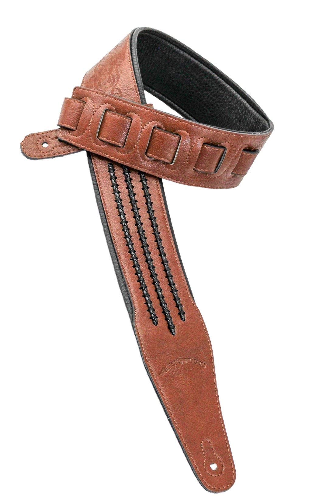 Walker & Williams G-556 London Tan Tooled Leather Strap with Leather Lacing For Acoustic, Electric, And Bass Guitars