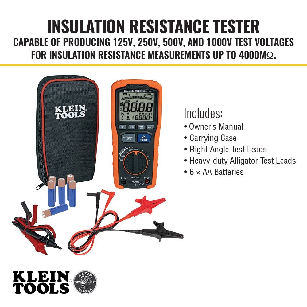 Klein Tools ET600 Multimeter, Megohmmeter Insulation Tester, 4000 Ohms Resistance, 125V/250V/500V/1000V, Auto-Ranging TRMS Multimeter,Orange/Black