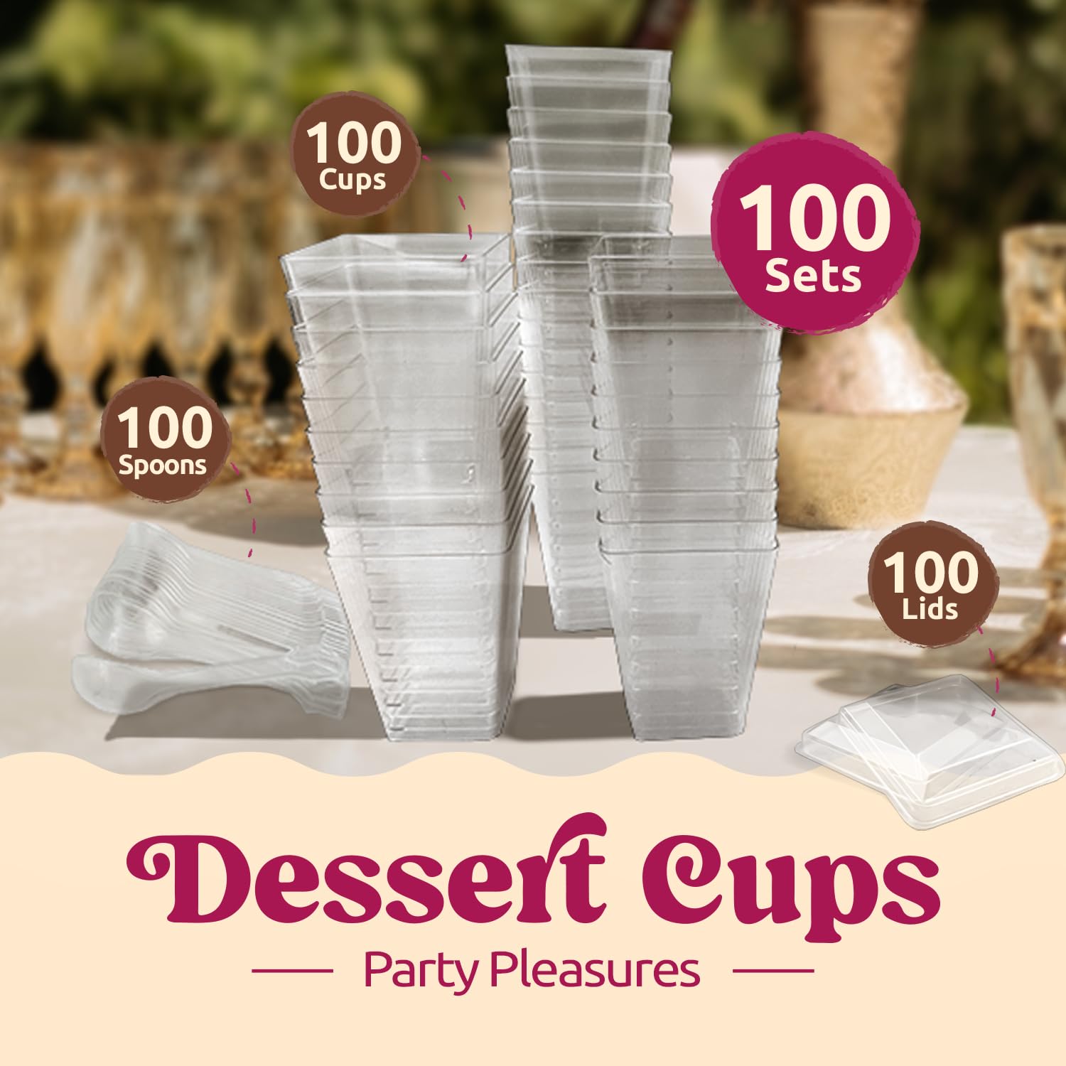 Sammray 5 oz Dessert Cups with Lids and Spoons (100 Pack) β Plastic Parfait Cups for Appetizer and Desserts be it, Mousse, Tiramisu, Pudding, or salads - Perfect for Parties