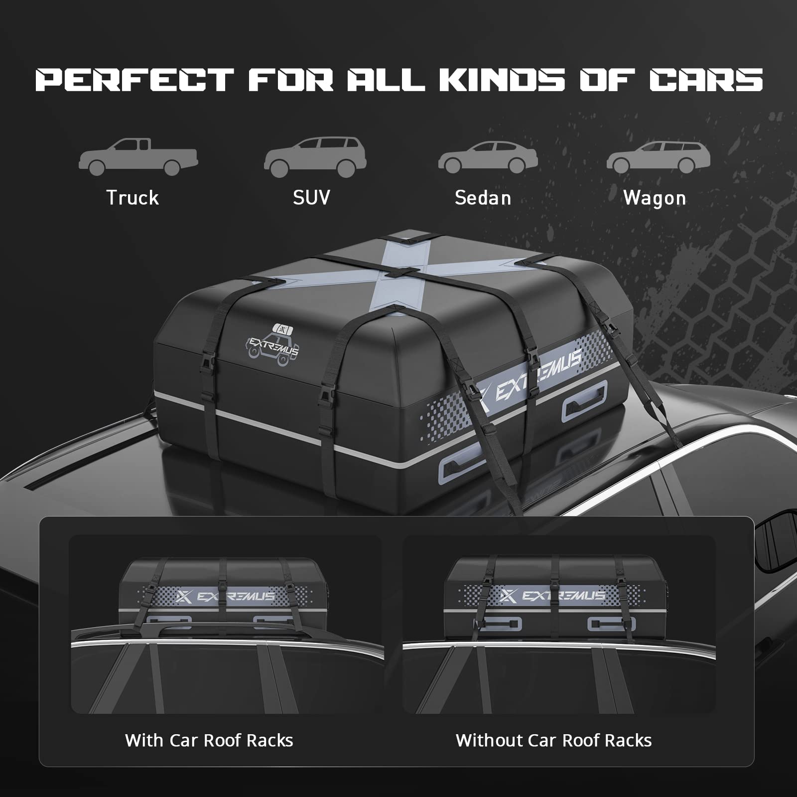 Extremus ExplorationX Rooftop Cargo Carrier Bag-15 Cu Ft, 100% Waterproof Car Top Carrier, Abrasion Resistant 840D PVC, High-Frequency Welded Seams, Waterproof Zipper W/Storm Flap & 9 Sturdy Straps