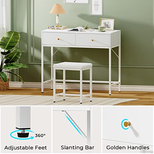 SUPERJARE 35.4" White Desk with 2 Drawers, Modern Makeup Vanity Desk with Padded Stool, Small Computer Desk Home Office Desk for Writing Study Bedroom