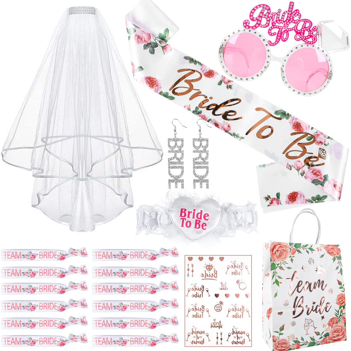 MOVINPE Bachelorette Party Accessories, Bride to Be Sash, Veil, Sunglasses, Rhinestone Earrings, Kraft Gift Bags, Team Bride Hair Ties, Wedding Garter, Tattoos, Pink Bridal Shower Party Decorations