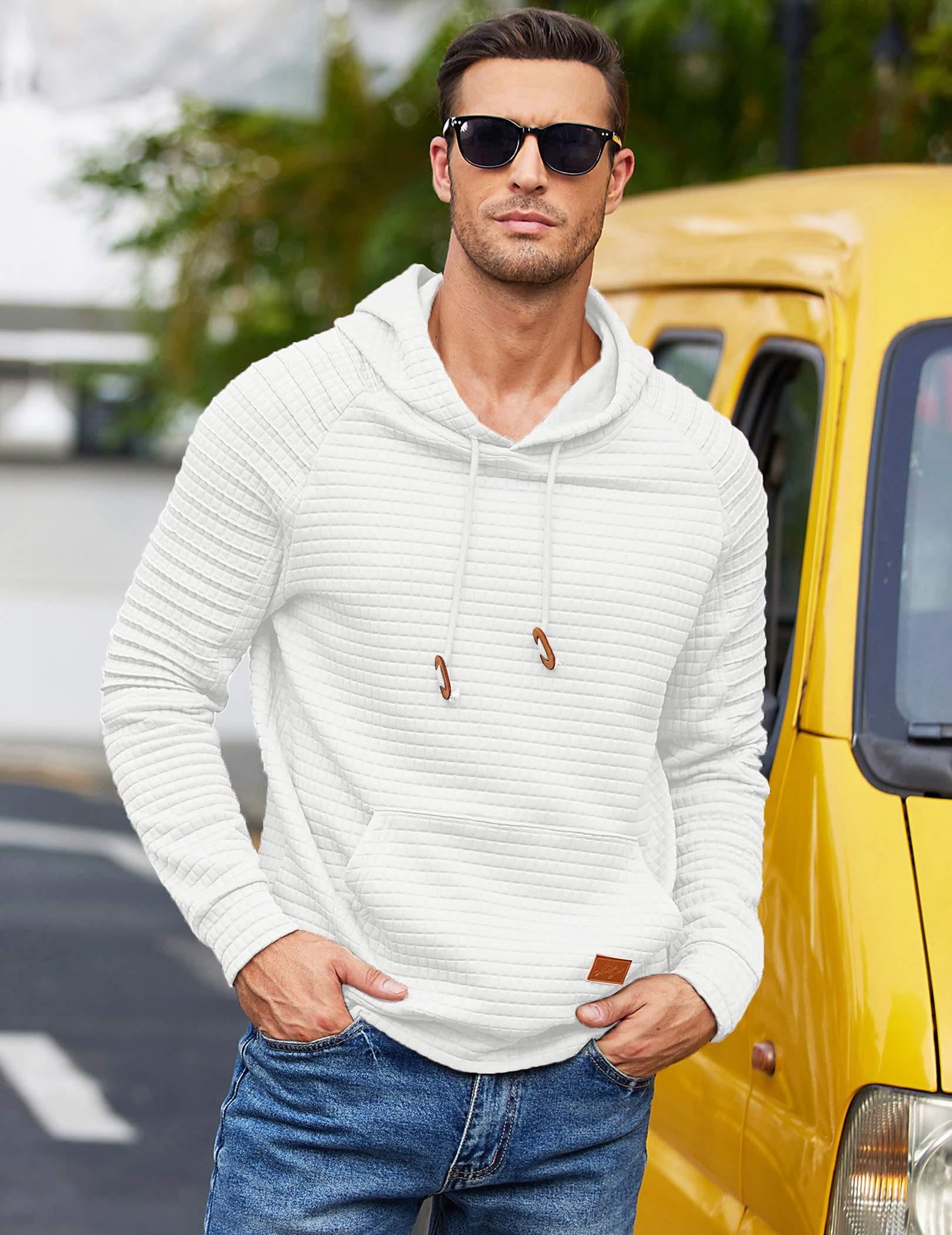 COOFANDY Men's Hoodies Pullover Pleated Long Sleeve Drawstring Knit Hooded Sweatshirt with Kanga Pocket, White, Large