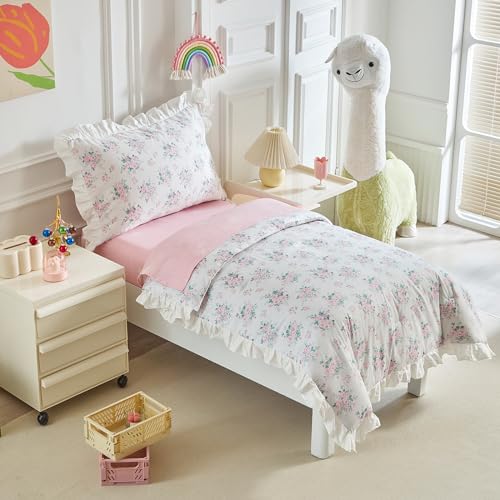 Cotton Toddler Bedding Set with Ruffle Fringe, 4 pc Floral Toddler Bed Set Includes Adorable Quilted Comforter, Fitted Sheet, Top Sheet, and Pillow Case (Purple and Yellow White Flowers)