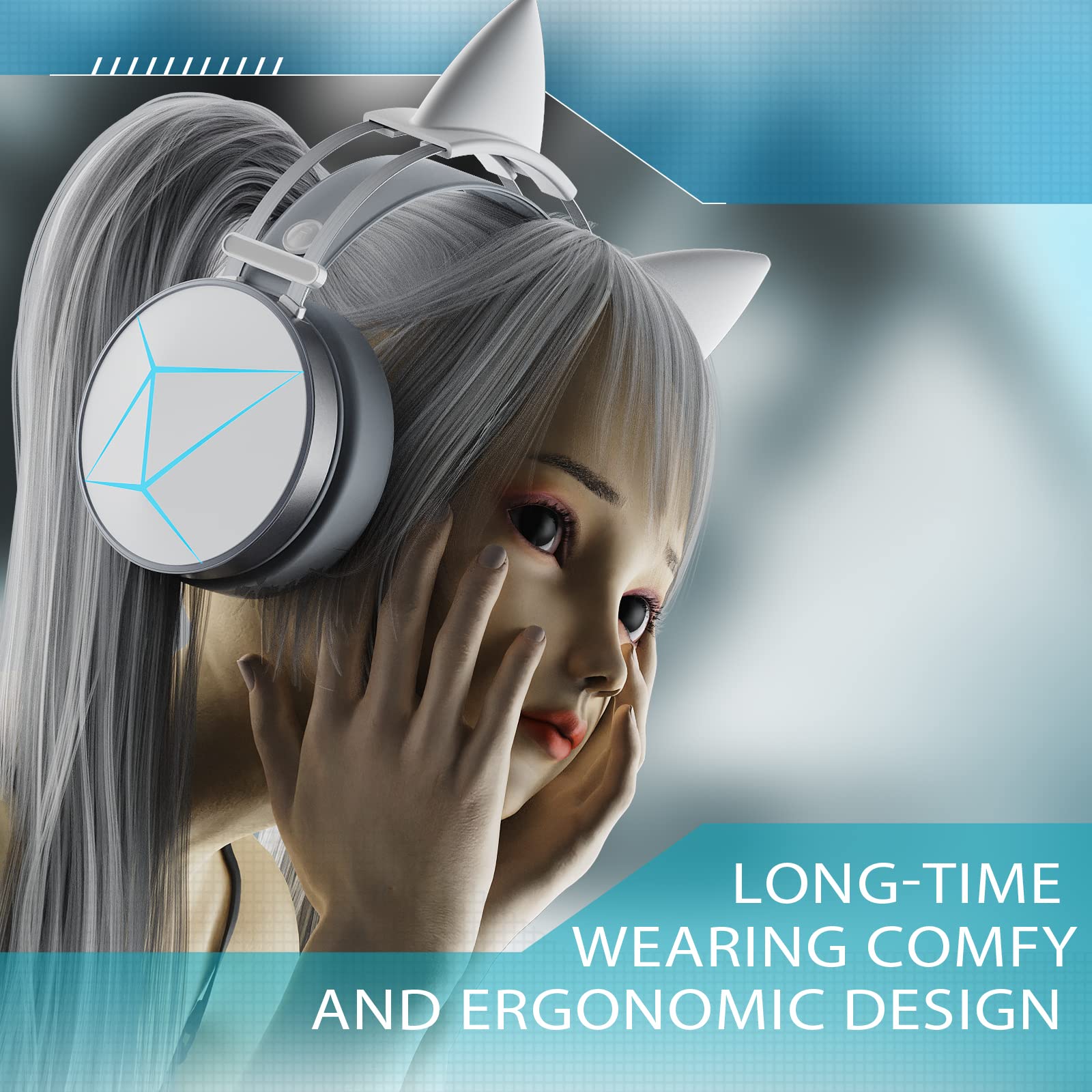 Gaming Headset for PC, Xbox One Headset with Detachable Cat Ear Headphones, PS5 Headset with Noise Canceling Microphone, PS4 Headset with 7.1 Surround Sound, LED Lights White