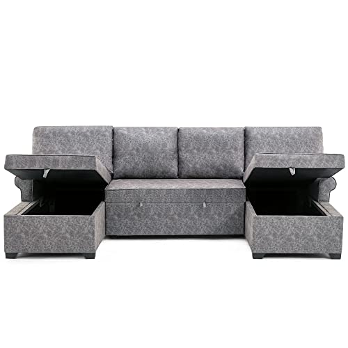MOEO 108.75" U-Shaped Living Room Sectional Sofa with 2 Chaise Lounges, Large Reversible 6-Seater Couch w/Two USB Port Plug, Storage, Pull Out Bed, Upholstered Nail Head Trim, Grey