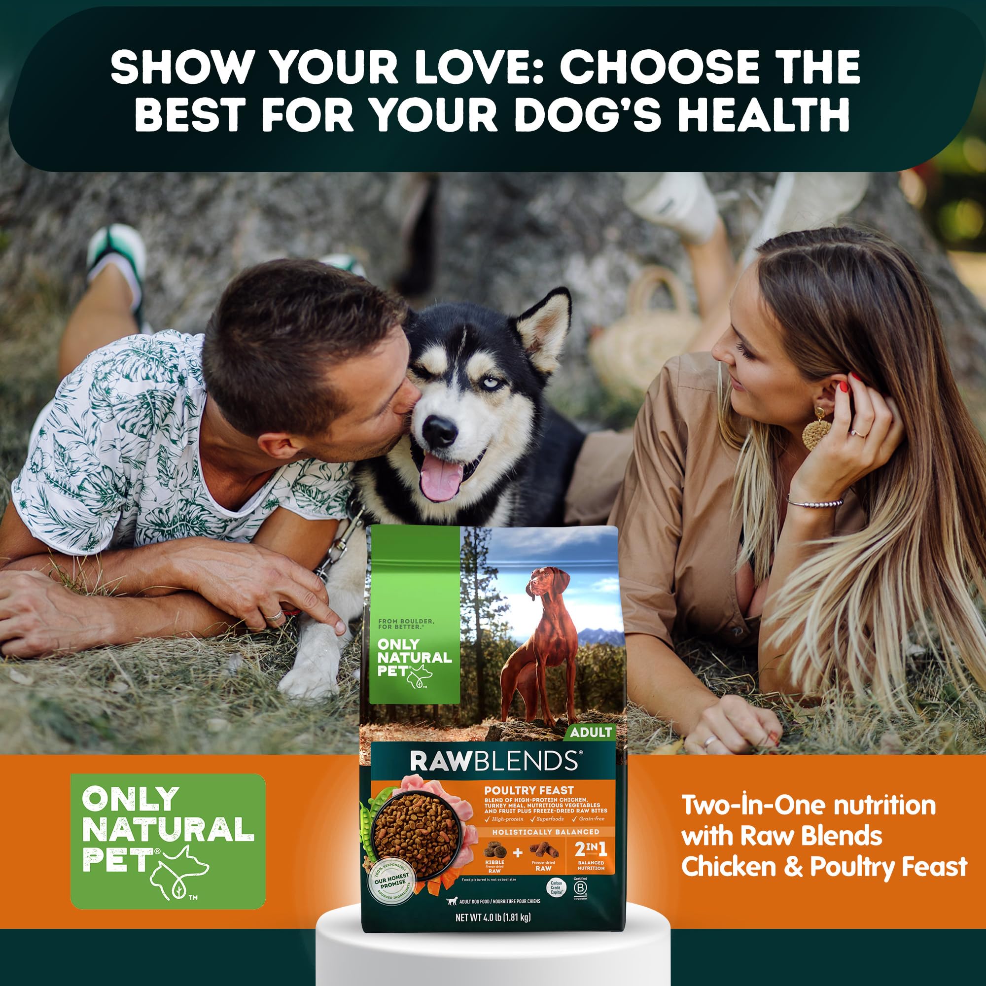 Only Natural Pet Raw Blends Grain-Free Dog Food, High Protein All-Natural Whole Ingredients & 100% Raw Meat Bites, Poultry Feast, Low Phosphorus, Dehydrated Mix for Large Breed & Picky Eaters, 4 lb