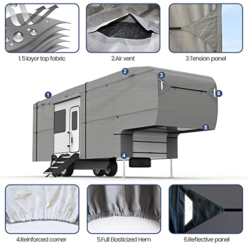 XGEAR Easy Setup 29' -33' 5th Wheel RV Cover Windproof 5th Wheel Cover, Extra 5-Layer top Roof for Max Weather Protection, Grey ( Grey/Easy Setup W 4 Tire Covers and Kits)