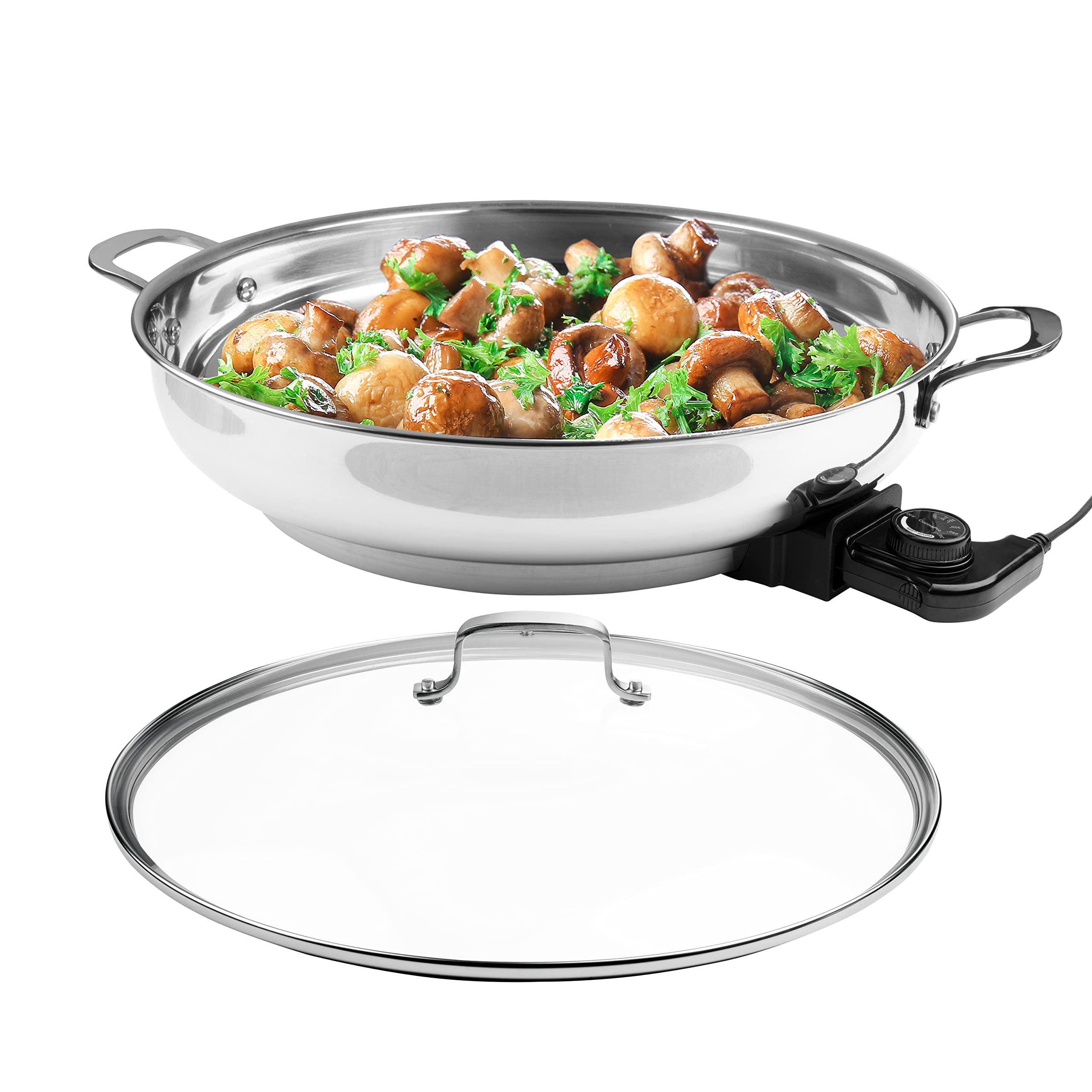 Electric Skillet By Cucina Pro - 18/10 Stainless Steel Frying Pan with Tempered Glass Lid and Handle, 16" Round with Adjustable Temperature Control Probe, Portable, Includes Recipe Guide, Great Gift