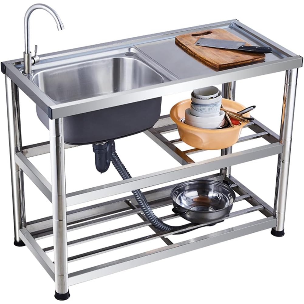 Commercial Restaurant Kitchen Bar Sink, With Cutting Board, Single Bowl Kitchen Sinks,Outdoor Free Standing Sink, Utility prep station Sink, Laundry Tub, Free Standing Stainless-Steel (B)