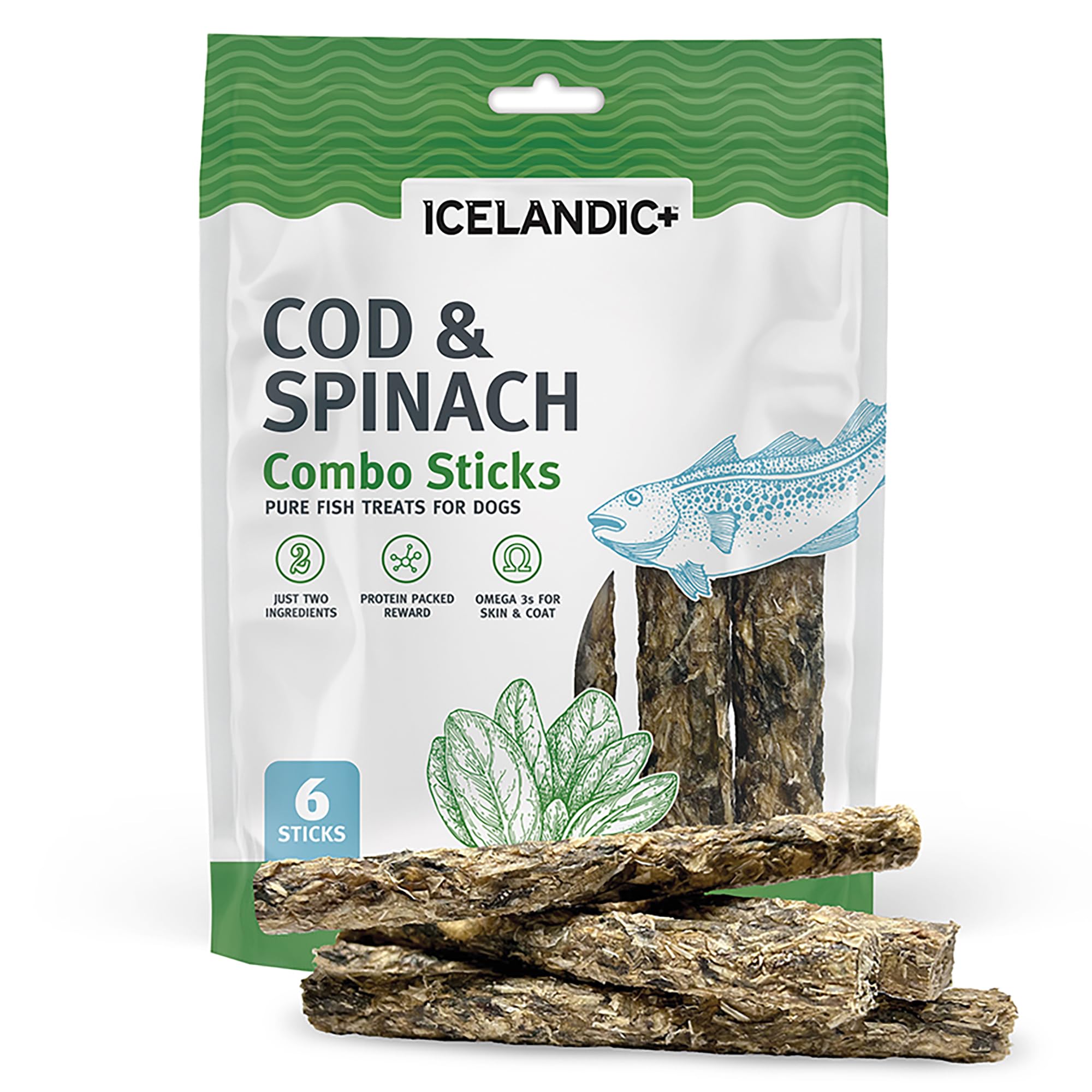 Icelandic+ Combo Sticks: Cod & Spinach - 2oz - Dog Treats, Crunchy 2 Ingredient Pet Snacks, Preservative Free, Wild Caught Fish, Slow Baked, Natural