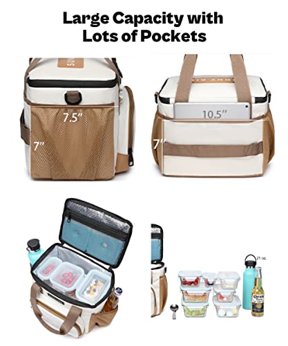SUNNY BIRD 12L Large Insulated Lunch Bag, Leakproof and Foldable Lunch Cooler Box for Women Adult and Men, Fits 18 Cans (Ivory White 01)