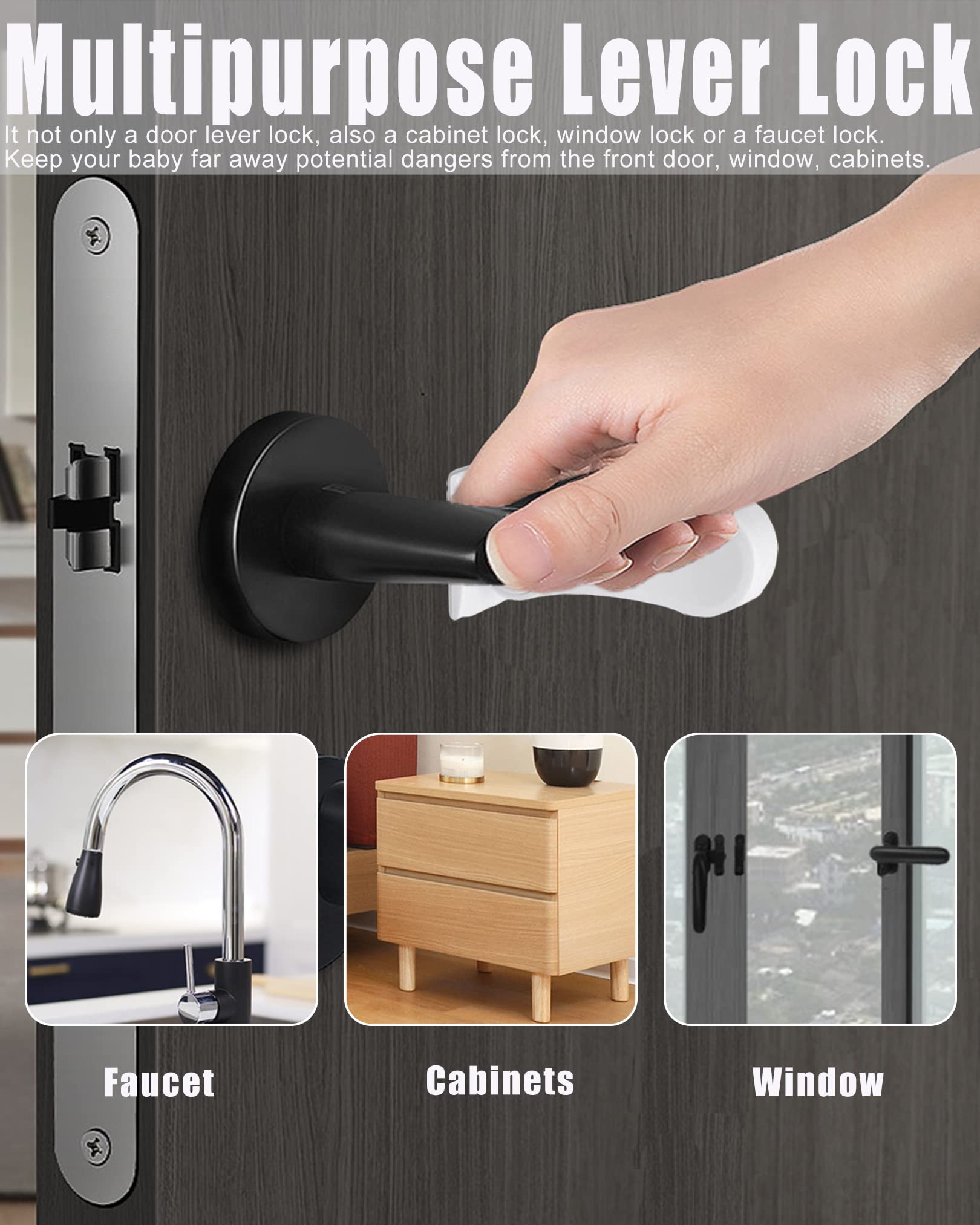 Door Lever Lock Child Proof, 4 Pack Safety Door Handles Lock Baby Proofing Locks Keep Faucet Switch Closed Strong Adhesive Easy Install No Drilling (White)