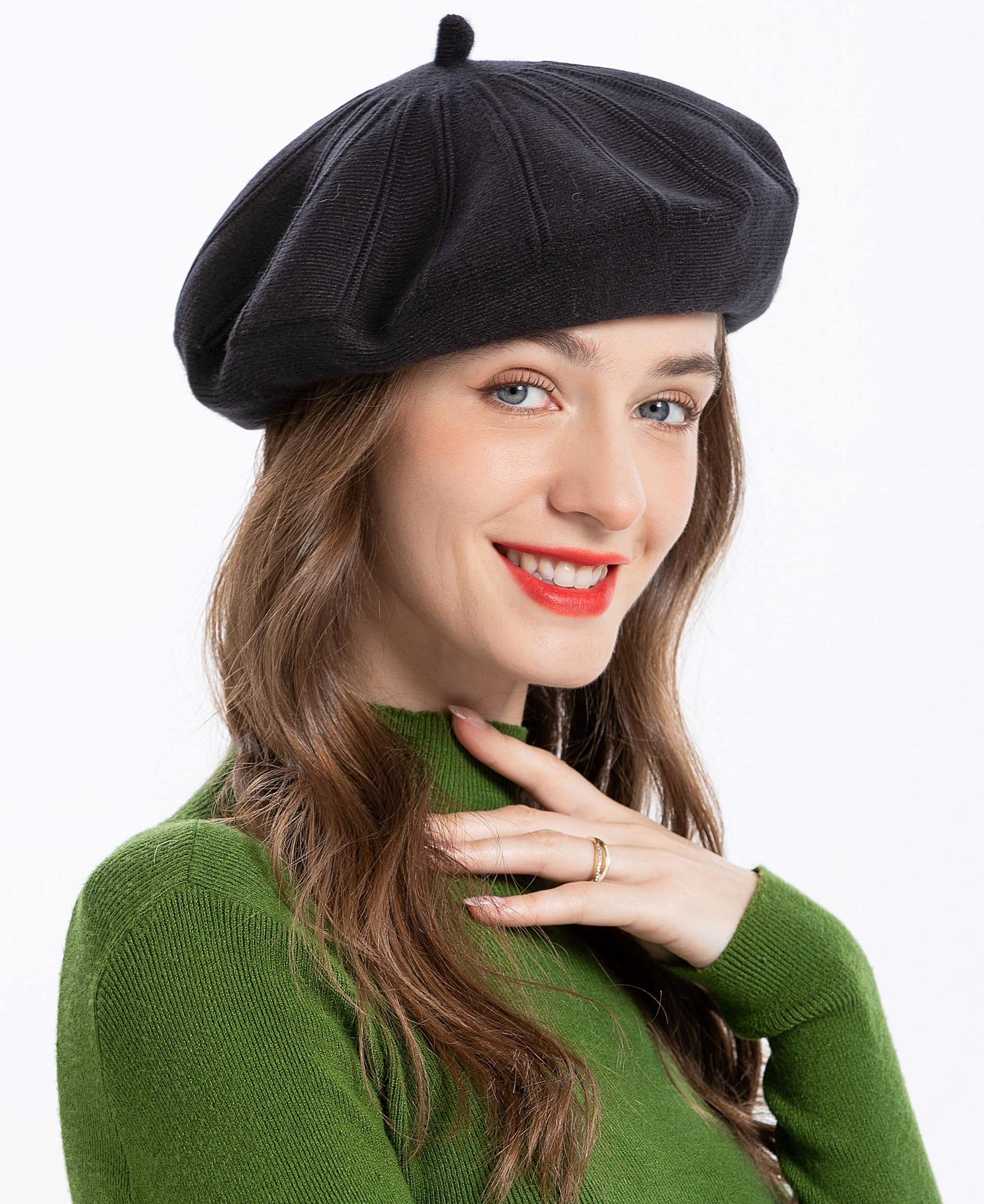ZLYC French Beret hat, Reversible Solid Color Cashmere Knit Warm Beret Cap for Womens Girls (Black)