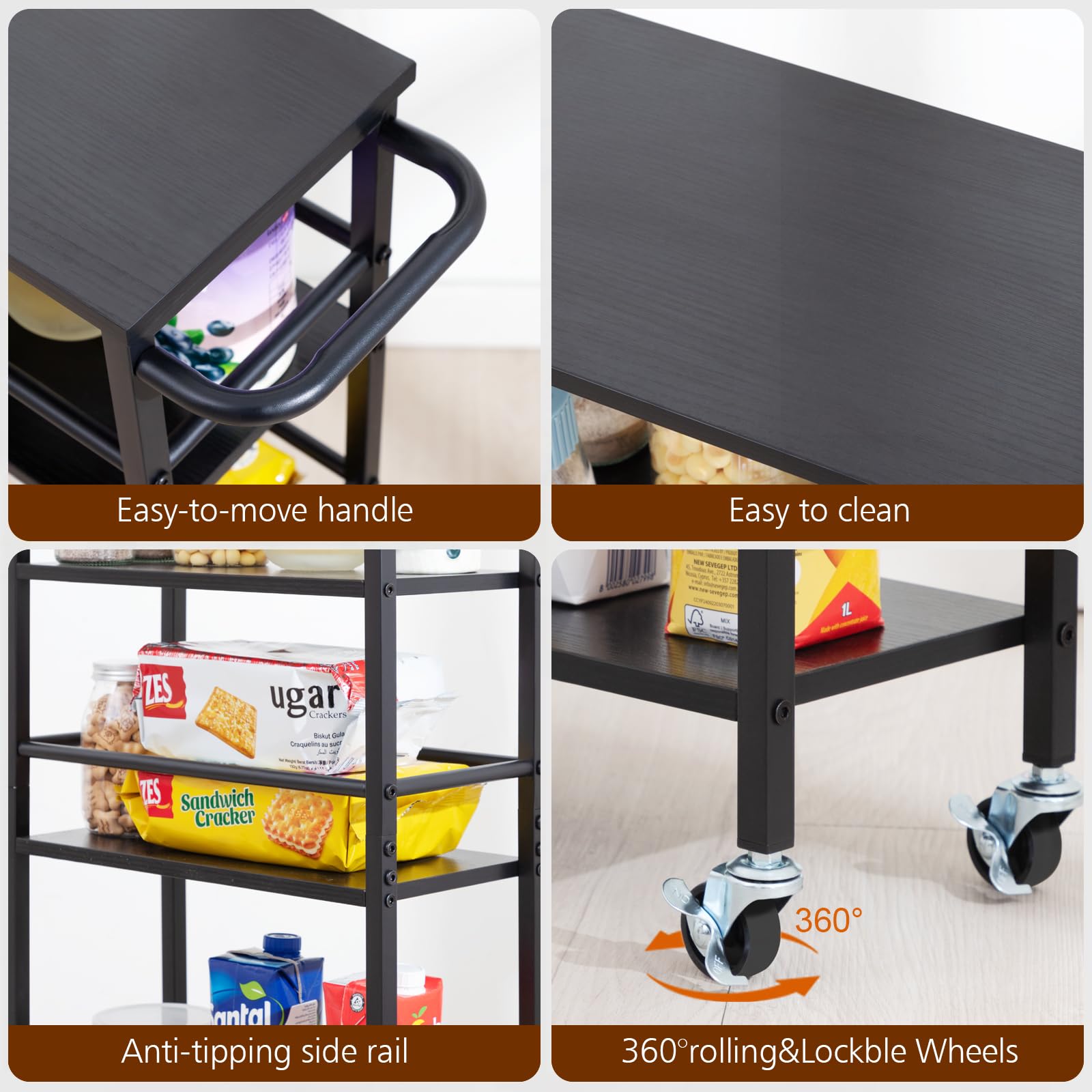 LOAKEKEL Slim Rolling Cart, 4-Tier Storage Cart on Wheels, Narrow Kitchen Cart with 6 Hooks for Small Spaces, 7.87" Deep, Mobile Shelving Unit Utility Cart for Dining Room, Bathroom, Black HKC04BK-1