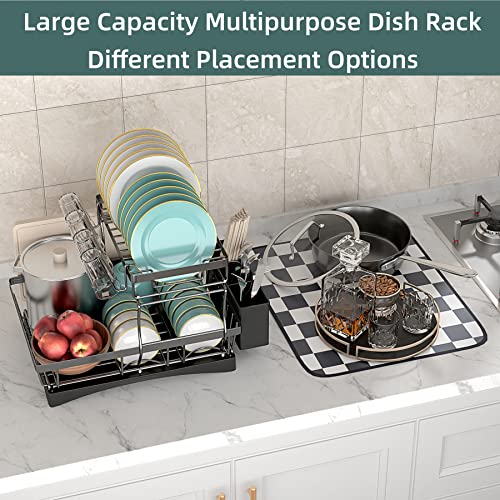 SUPPNEED Dish Drying Rack with Drainboard, 2-Tier Dish Racks for Kitchen Counter, Dish Strainers with Extra Drying Mat , Utensil Holder , Cutting Board Holder ,Wine Glass Holder, Black