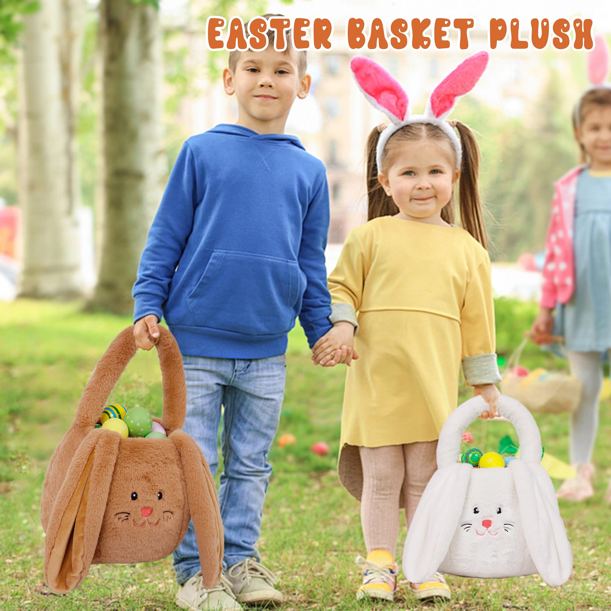 OurHonor Easter Basket Plush, Bunny Easter Basket For Kids, Plush Easter Buckets With Long Ear Easter Bags for Boys Girls, Easter Tote Bags For Decorations Gifts Storage (Brown)