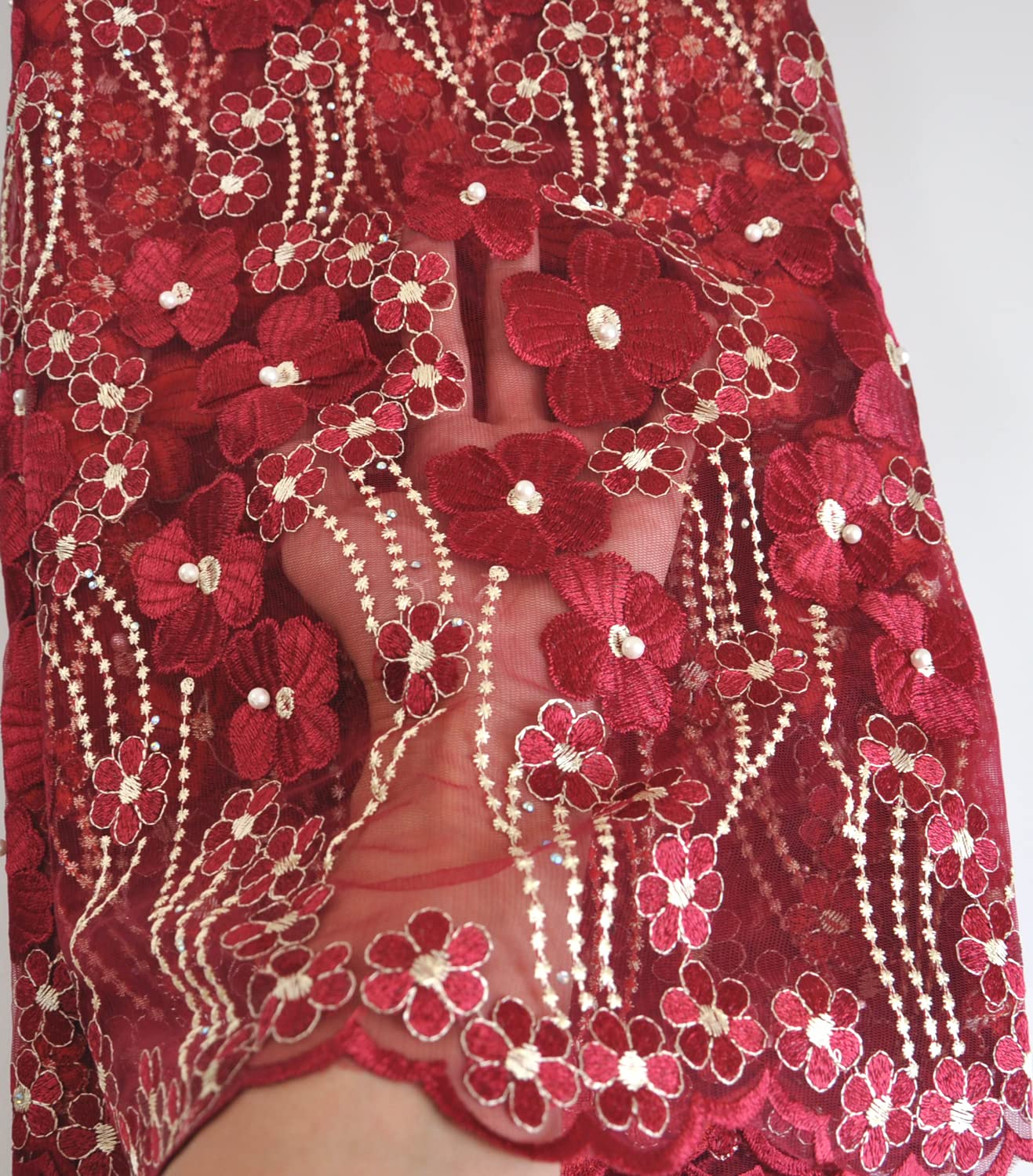 SanVera17 Manual Beading Glitter Stone African Lace Net Fabrics Nigerian Fabric Embroidered and Guipure Cord Lace for Party Wedding (Dark Red) 5 Yards