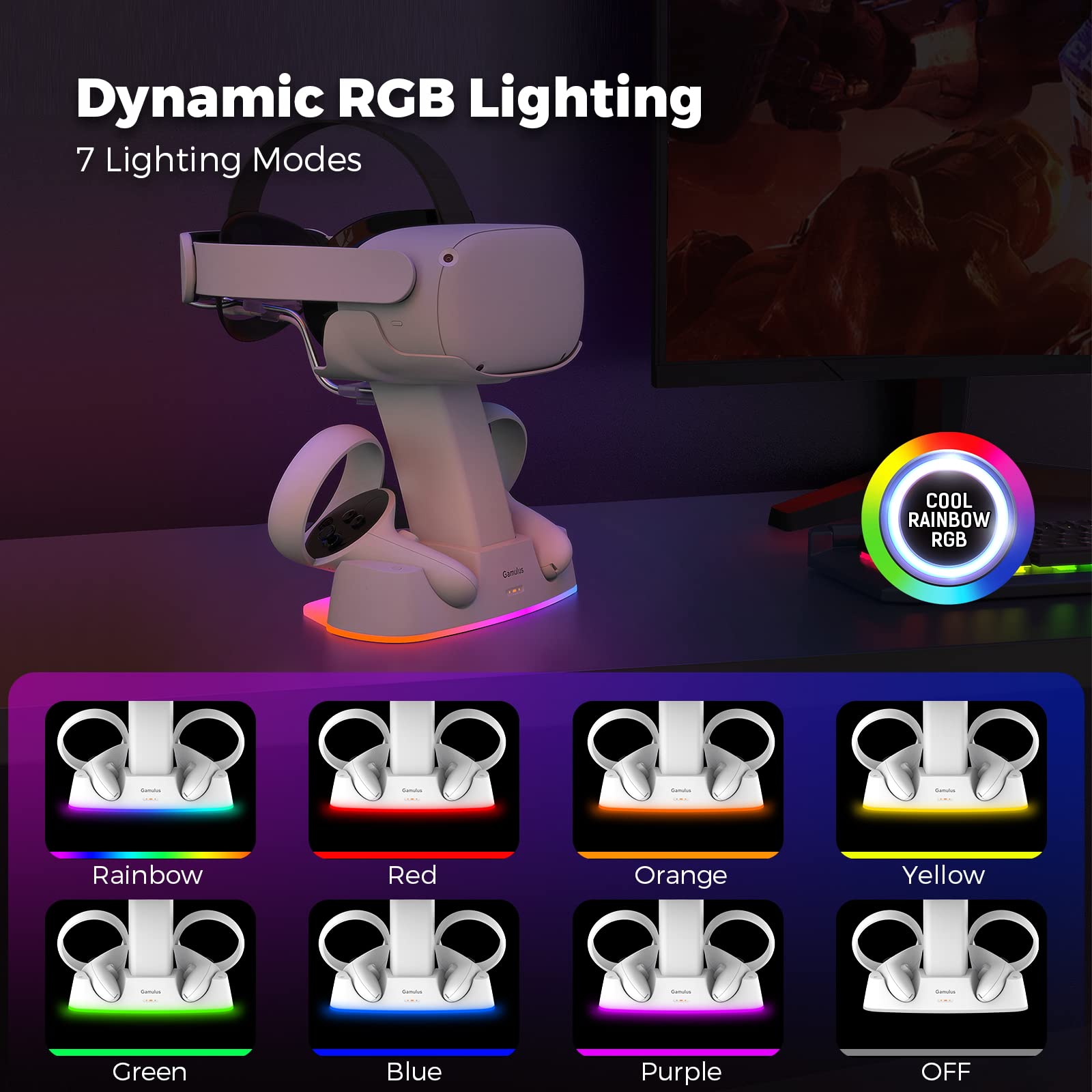 Gamulus RGB Charging Dock for Meta Quest 2, VR Headset & Controllers Magnetic Fast Charger Docking Station Stand, 2200mAh Rechargeable Batteries, 7 Lighting Modes and Fantastic Gaming Atmosphere