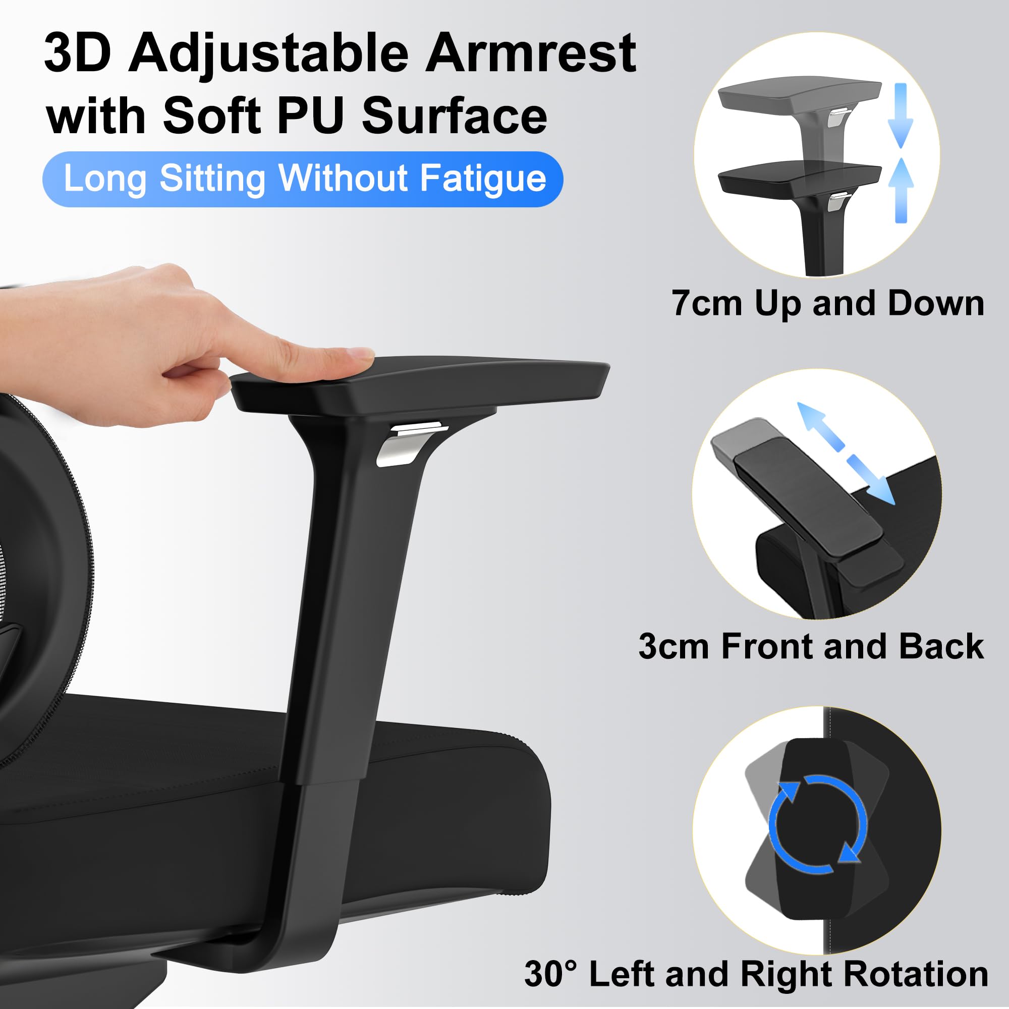 HUAUR C19 Ergonomic Mesh Office Chair with Adjustable Height Lumbar Support,3D Armrest & Headrest,Tilt Function,Blade Wheel for High Back Desk Chair,Swivel Big and Tall Computer Chair (Black)