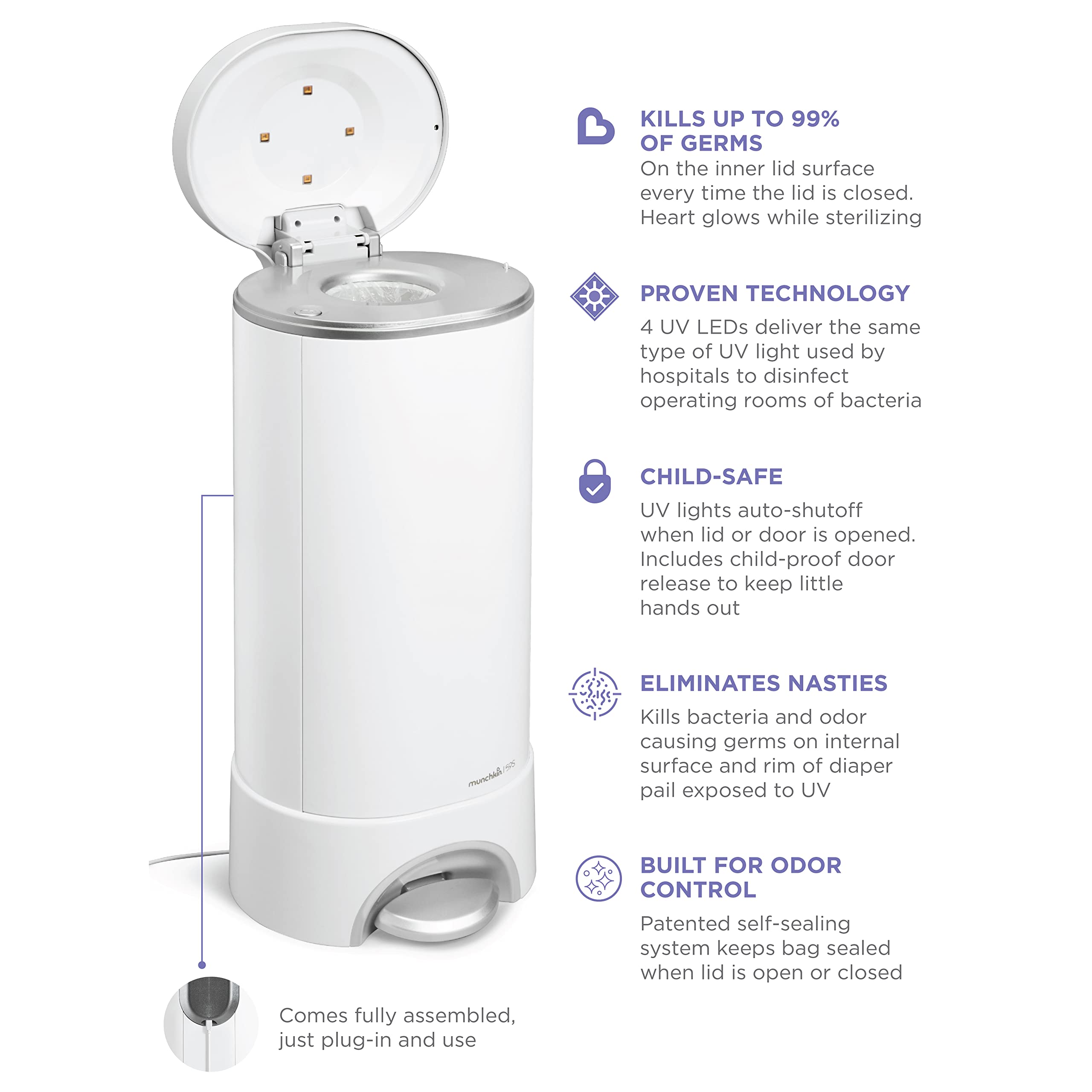 Munchkin® UV Diaper Pail #1 in Odor Control, LED UV Lights Kills 99% of Germs and Odor Causing Bacteria on Lid Surface, Includes 1 UV Snap, Seal & Toss™ Bag and 3 UV Refill Rings