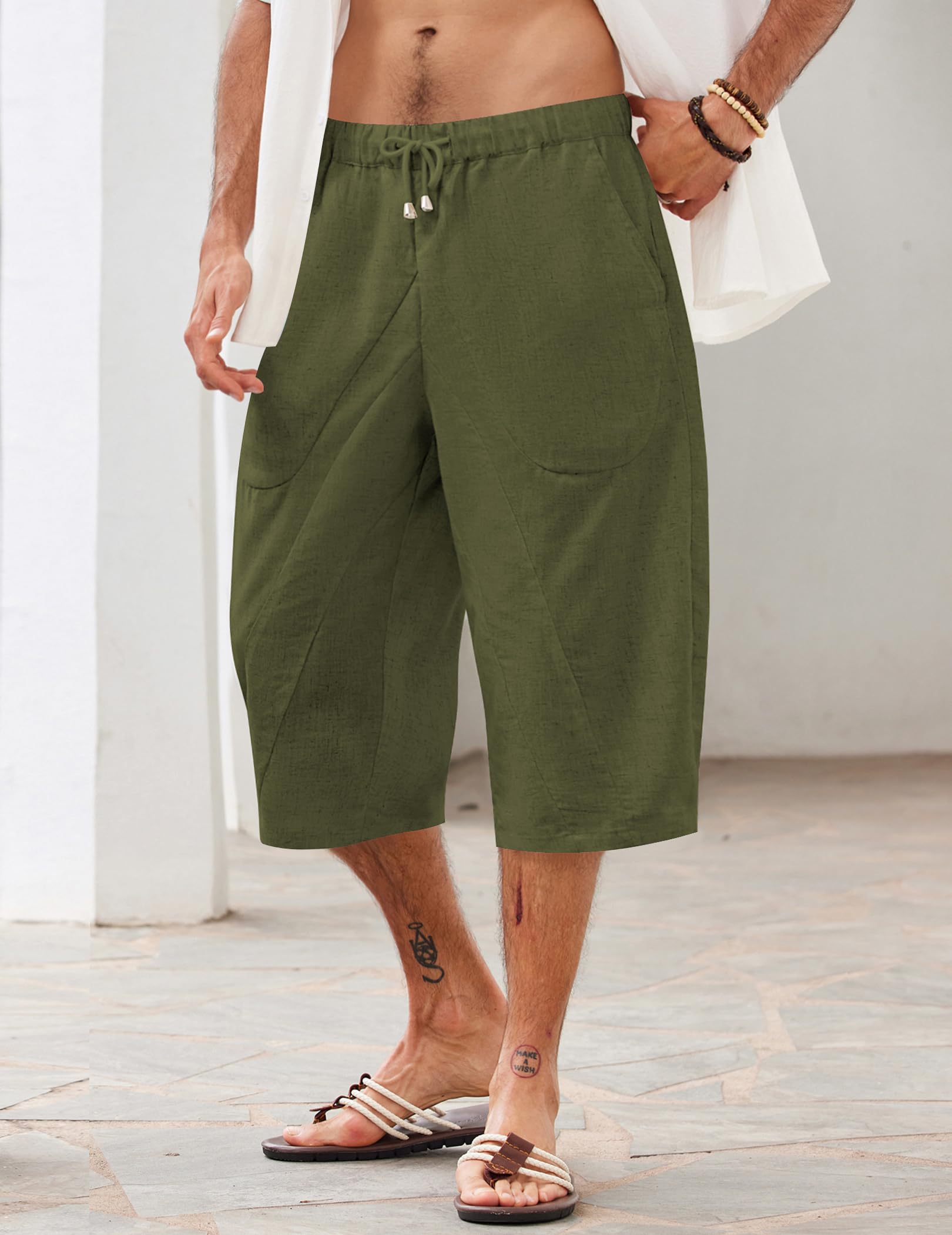 COOFANDY Mens Linen Yoga Pants Casual Elastic Waist Capri Beach Pants Lightweight Harem Pants, Army Green, M