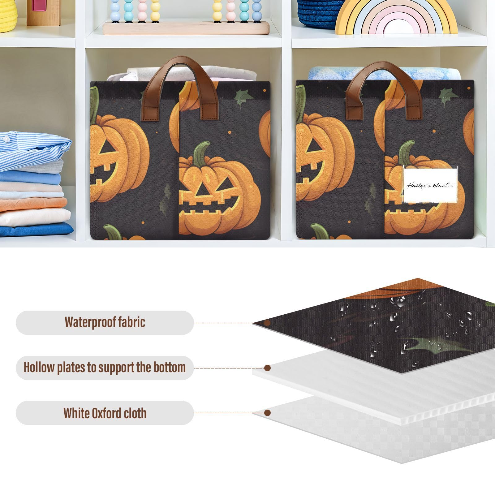 HOMONAW Rectangular Storage Bin Halloween Devil Pumpkin Storage Baskets Foldable Closet Organizer with Handles for Organizing Shelf, Clothes, Toys, Home, Office, Nursery