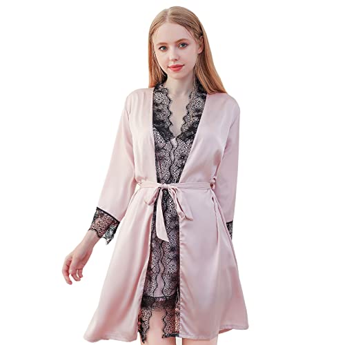 SAPJON Pajamas for Women Silk Pajama Set 4pcs Cami Top Shorts Nightgown Sleepwear Robe Sets Cute Stain Pjs for Women