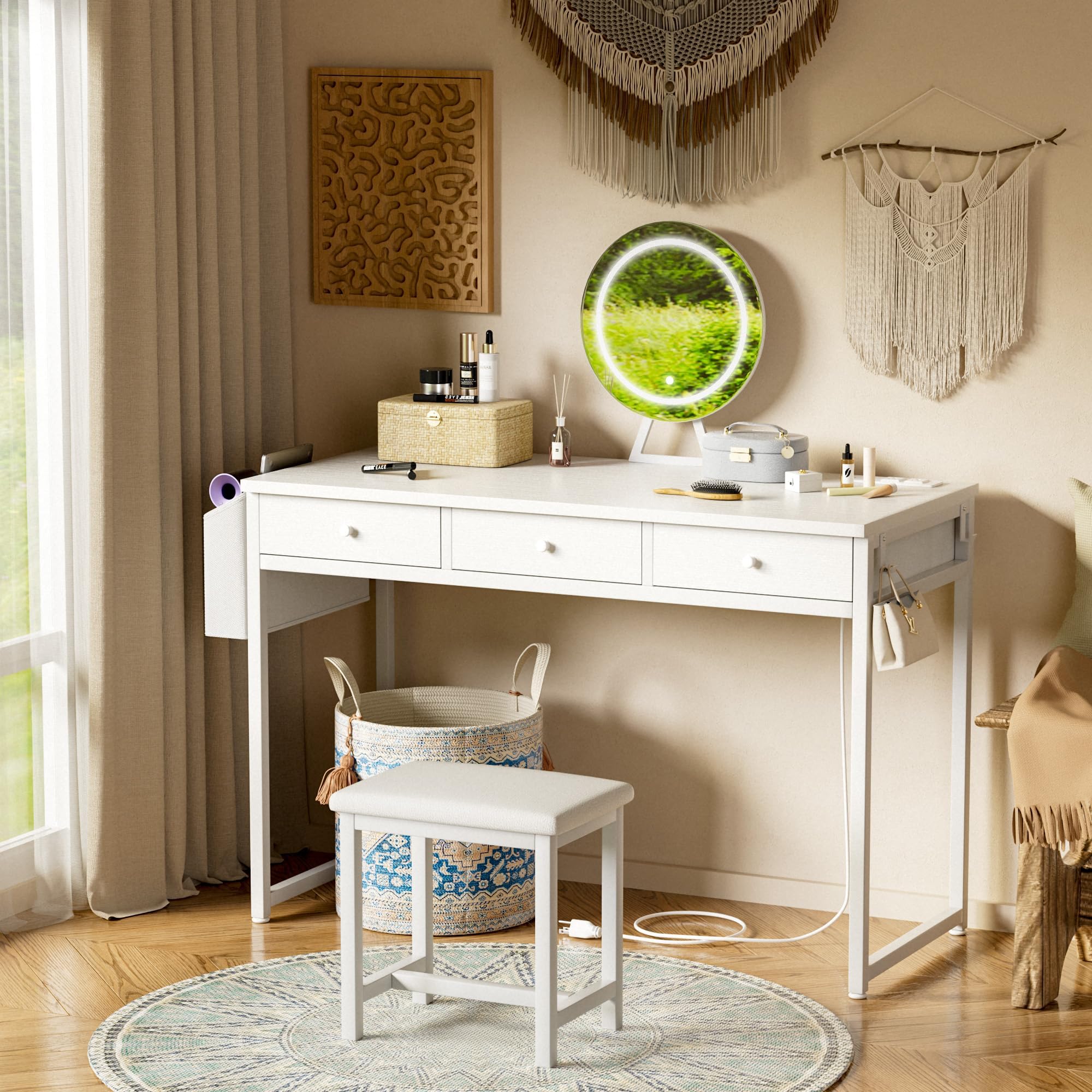 KAI-ROAD Makeup Vanity Desk with Mirror and Lights - Small White Vanity Table with Fabric Drawers & Chair, Power Outlet, Modern Make Up Vanitys Desks Set, Dressing Table for Girls Bedroom