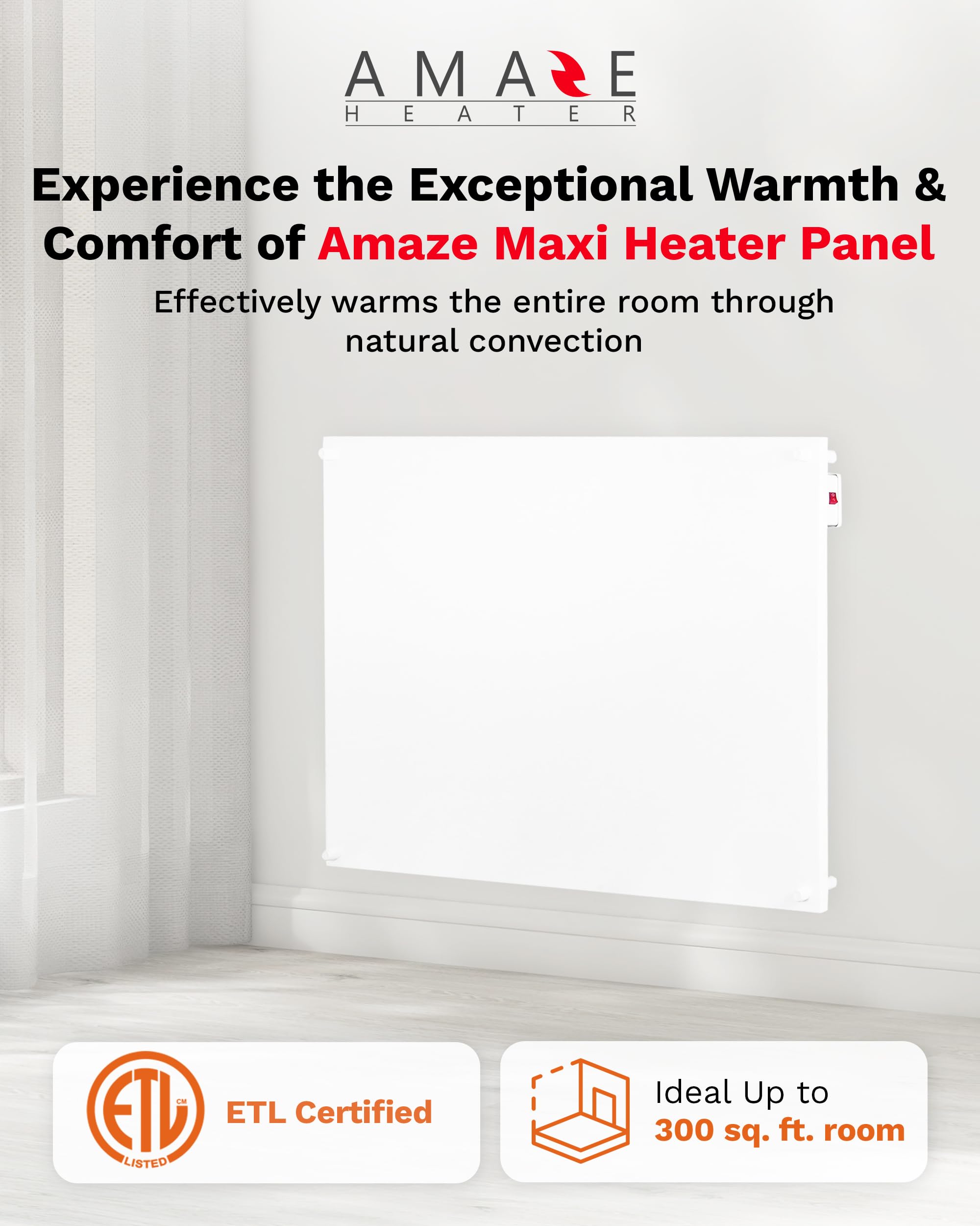 Large Room Indoor Heater - 600W Amaze Maxi Convection Panel Heater w/Wall Mount Kit, Up to 300 sq ft Room - 36”x24” Paintable, Energy Efficient, & Silent Bathroom, RV or Garage Heater - Amaze Heaters