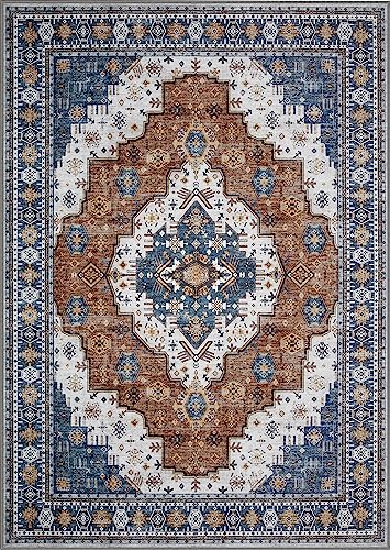 Washable Rug Living Room Rugs: 8x10 Area Rug Large Boho Medallion Distressed Carpets Indoor Soft Floor Anti Slip Carpet for Under Dining Table Bedroom Farmhouse Home Office - Blue/Orange Brown