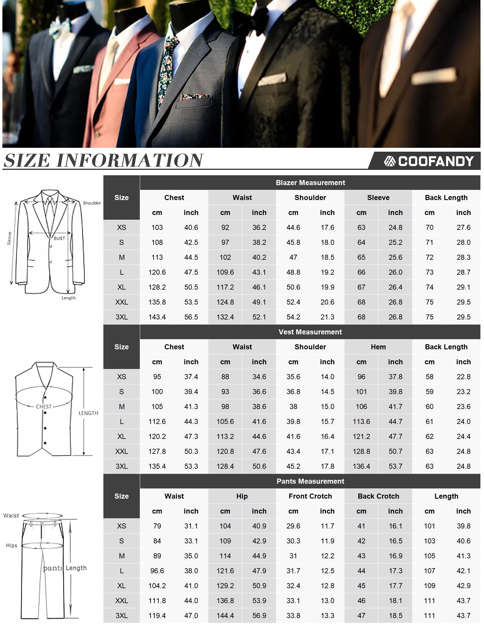 COOFANDY Mens Slim Fit Dress Suit Formal Business Blazer Wedding Prom Blazer Jacket Vest Pants (Dark Grey XS)