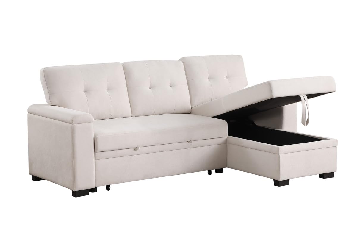 Lilola Home Lucca II 84.5" W Beige Woven Fabric Reversible Sleeper Sectional Sofa with Storage Chaise and Pocket Coil Seating