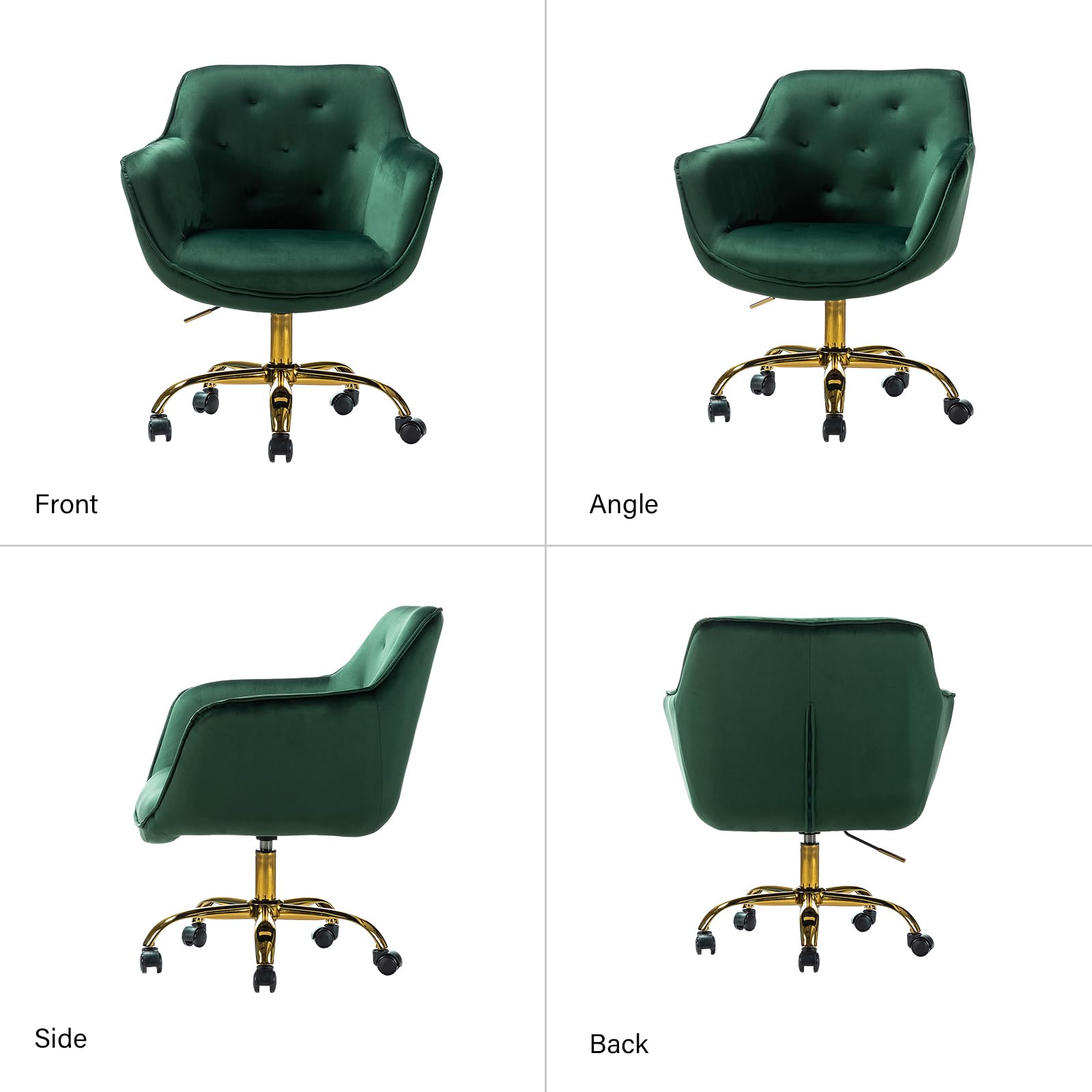 HULALA HOME Velvet Office Chair with Gold Base, Modern Cute Mid-Back Desk Chair, Adjustable Swivel Computer Task Chair for Living Room, Bedroom, Study, Vanity, Green