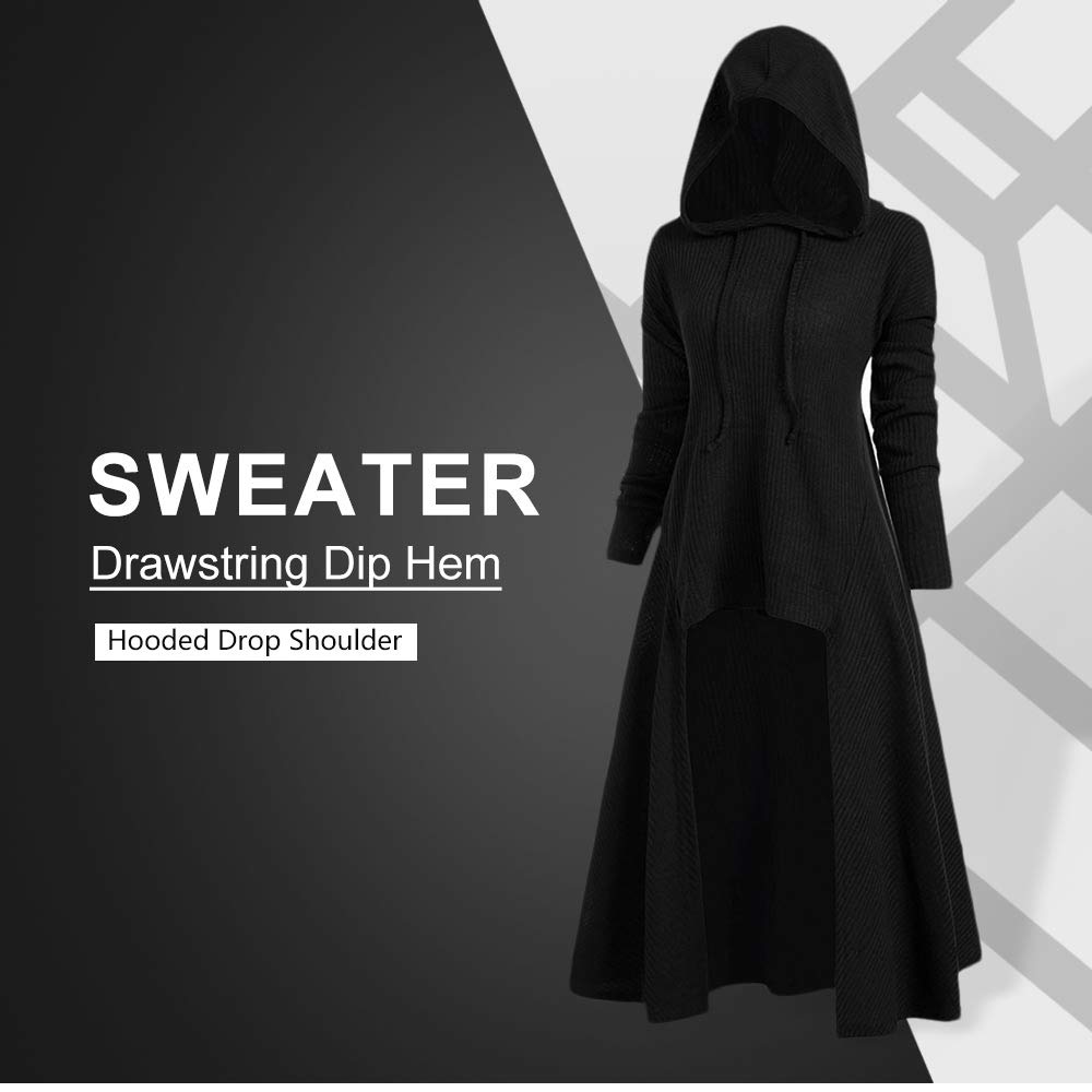 CNSTORE Women Pullover Sweater Hooded High Low Drop Shoulder Longline Gothic Drawstring Cardigan Halloween