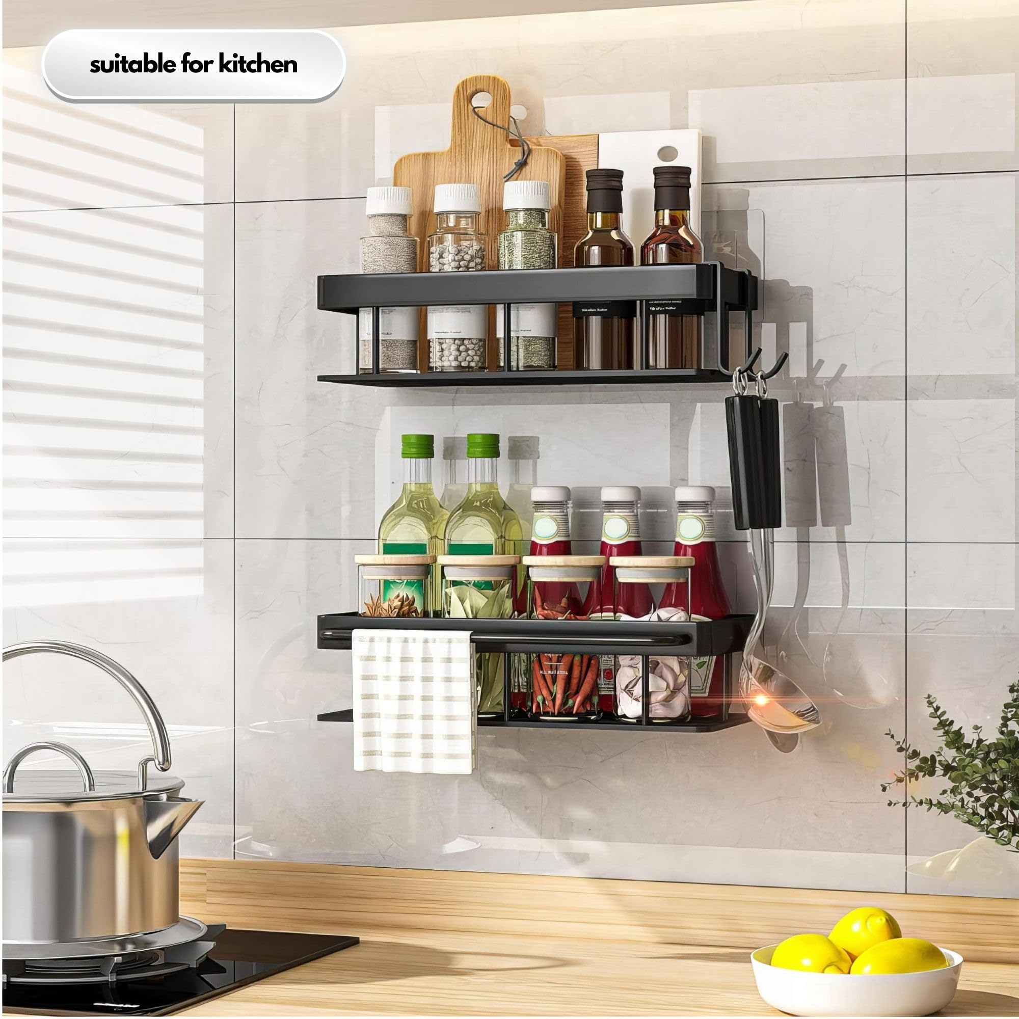 MAXHEM Shower Caddy Basket Shelf Storage Rack, Self-Adhesive Aluminum Wall Mounted Bathroom or Kitchen Organizer Space for (2 Pack), No Drilling Bathroom Shelves with 2 Hook + 1 Towel Bar
