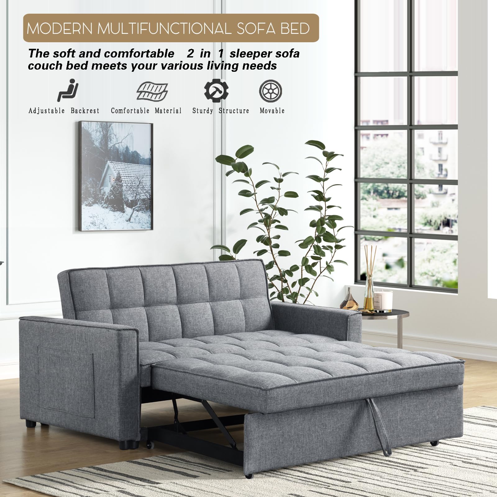 KAIRUITUCH Convertible Sleeper Sofa, 3-in-1 Pull Out Couch with Adjustable backrest, Storage Pockets, Fold Out Loveseat Futon Sofa Couches Bed for Living Room, Small Space, Apartment, Grey Fabric