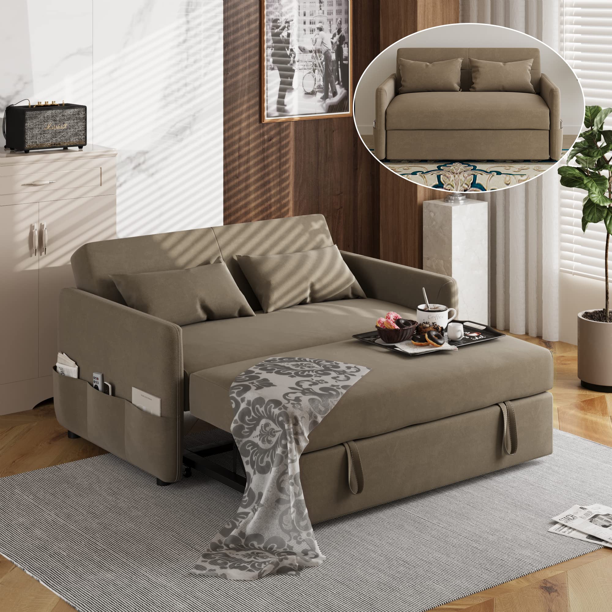 HUMEHA 57" Convertible Sleeper Sofa Bed, 3 in 1 Upholstered Velvet Loveseat Sofa with Put Out Bed, Modern 2 Seats Couch with Adjustable Back, 2 Pillows Side Pocket for Living Room RV, Brown