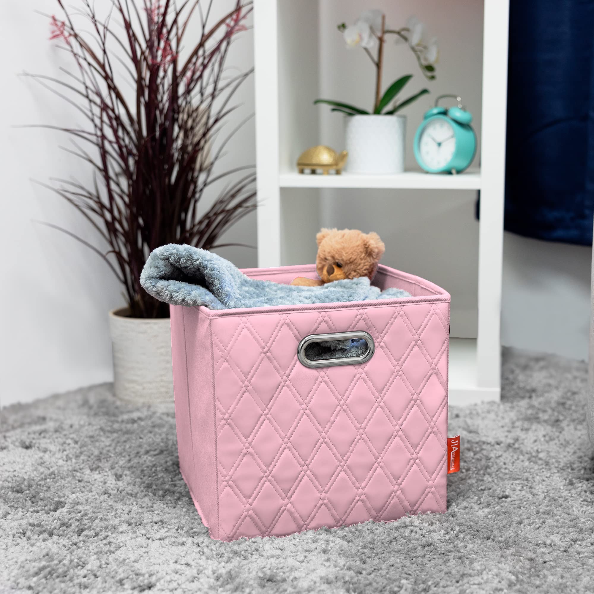 JIAessentials 11 inch Pink Foldable Diamond Patterned Faux Leather Storage Cube Bins Set of Two with Handles for living room, bedroom and office storage