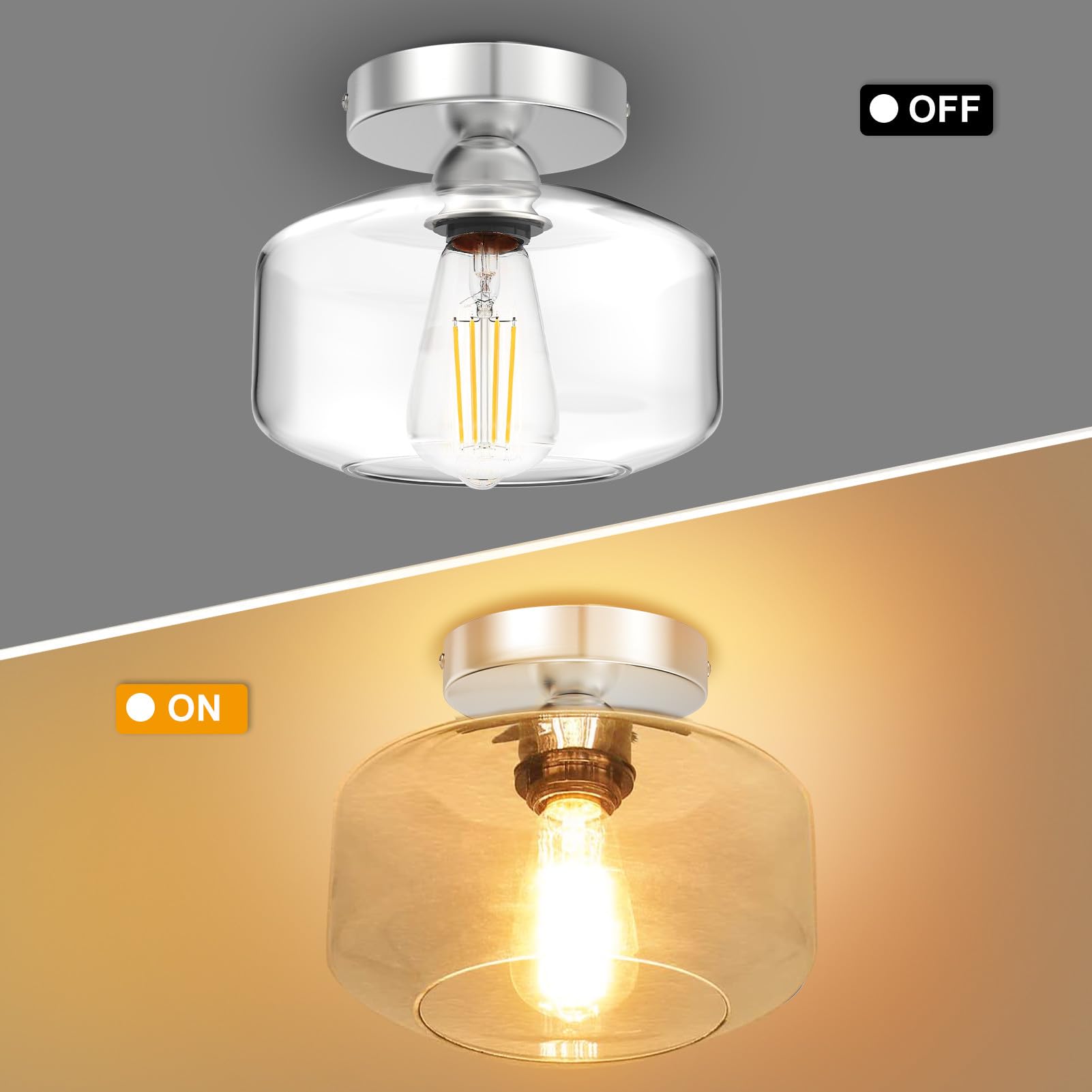 CNSUNWAY Semi Flush Mount Ceiling Light, Clear Glass Shade, E26 Bulb Base, Modern Farmhouse Light Fixtures for Kitchen Hallway Bedroom, Industrial Lamp, Ceiling Light Fixture (Bulb Not Included)