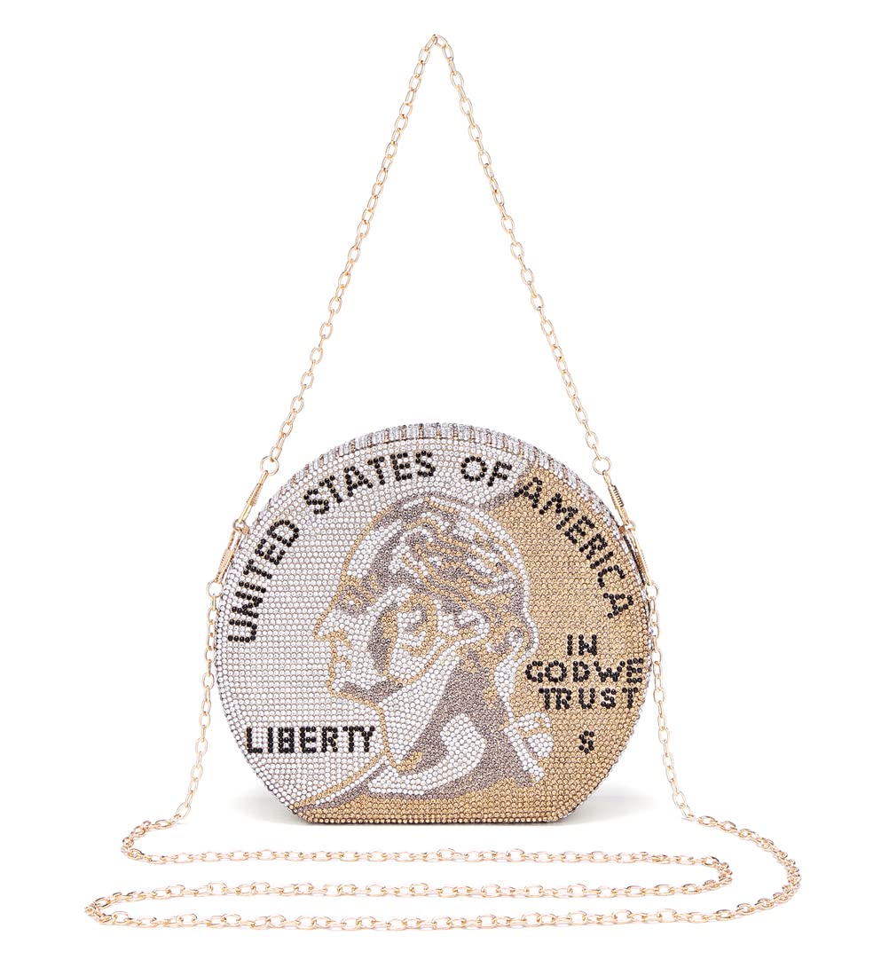 Covelin Women's Dollar Coin Handbag Rhinestone Purse Evening Clutch Bag Golden