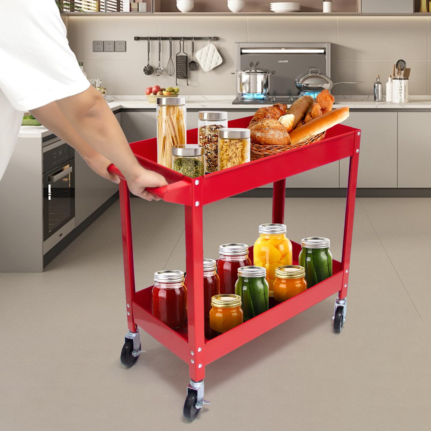 Generic 2 Tier Utility Service Cart 300 lbs, Steel Rolling Tool Cart on Wheels,Load Capacity for Mechanic Garage Warehouse Workshop & Repair Shop,Red