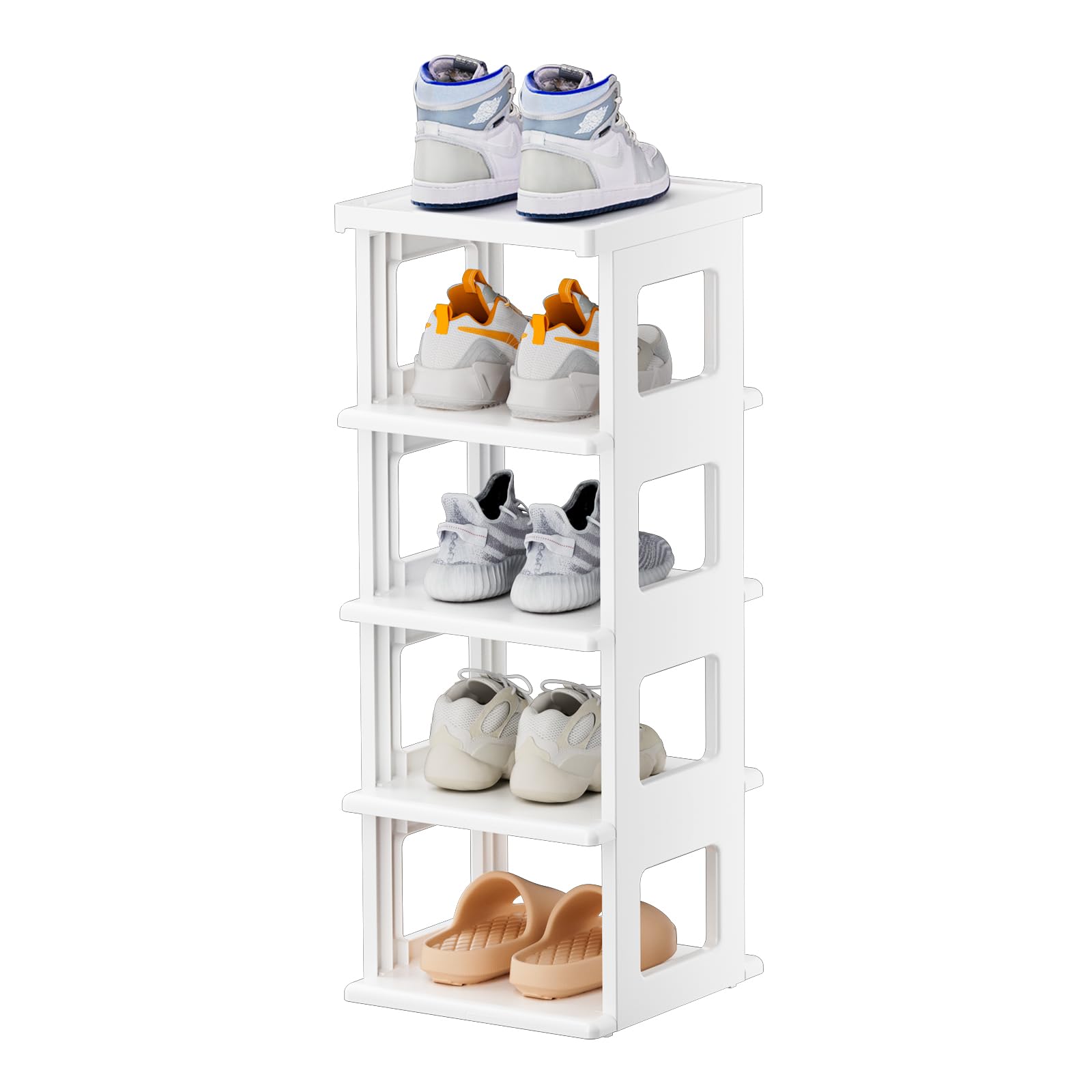 Dscabomlg Space-Saving Shoe Organizer, White Cyan, Plastic, 4 Tier, Foldable, Free Standing, Easy Assembly, Durable
