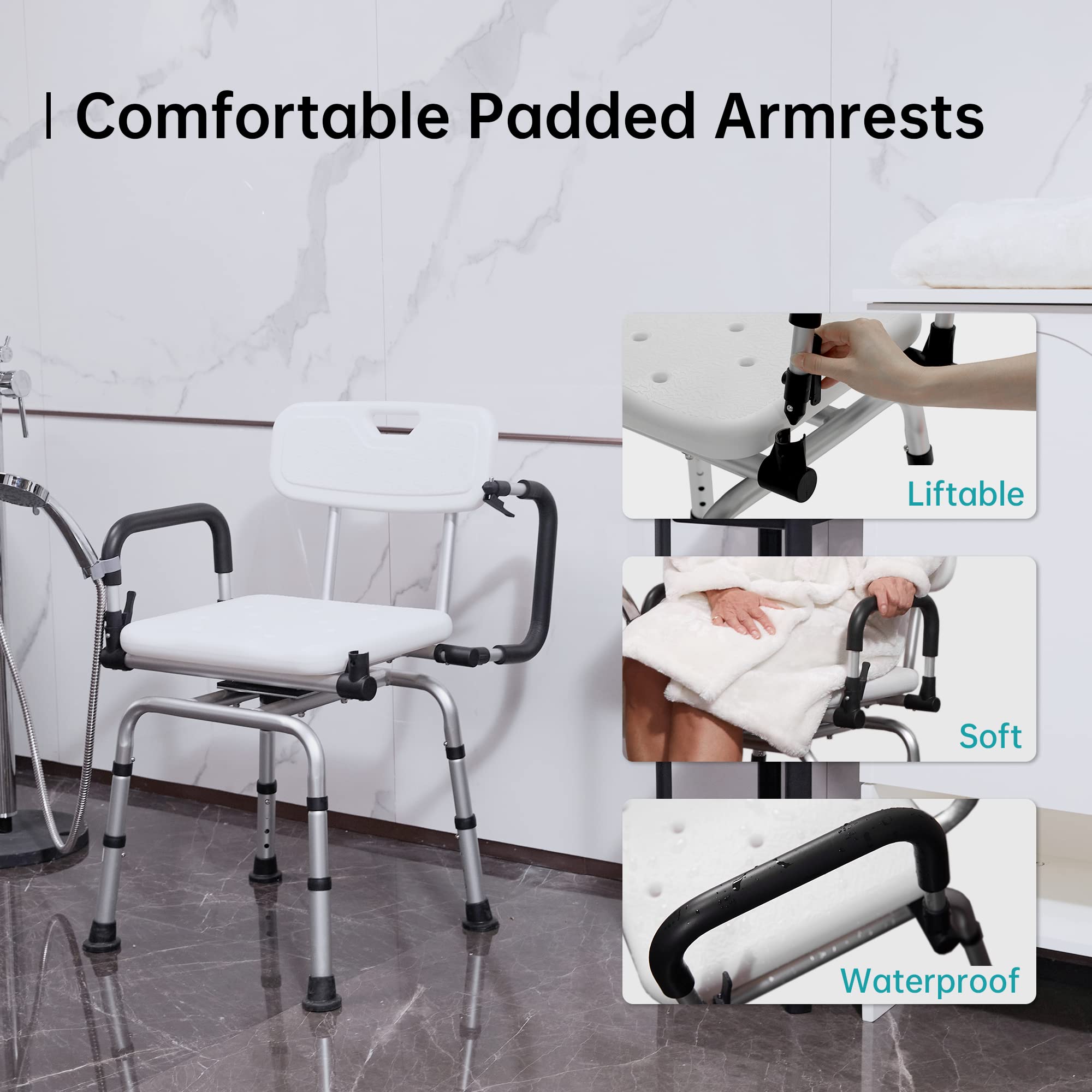 ELENKER Swivel Shower Chair for Inside Shower, Adjustable Pivoting Bath Chair and Medical Grade Rotating Shower Seat with Liftable Armrests and Backrest