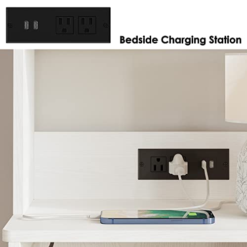 LIKIMIO Night Stand 55" Tall, End Side Table with with Charging Station and Storage Cabinet, Small Bookshelf, for Living Room Office Bedroom, Industrial White
