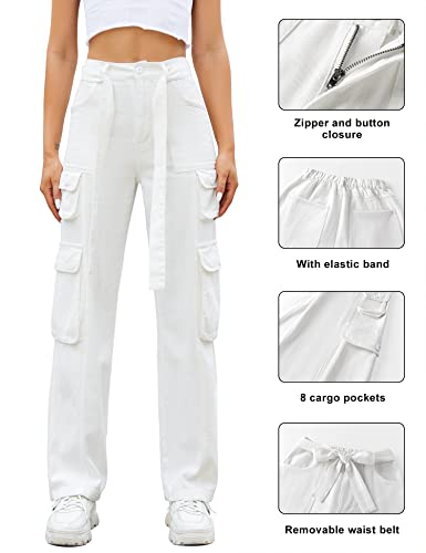 Micoson Women High Waist Cargo Pants with 8 Pockets Straight-Leg Loose Girl Moisture Wicking Oversized White Cargo Jeans White,XXL