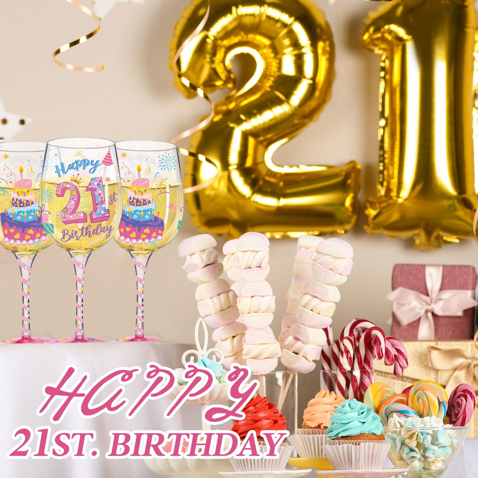 Funnymoom Hand Painted Wine Glass Birthday Gifts for Her Artisan Painted 15oz Gift Happy Birthday Cups (Pink,21st Birthday)